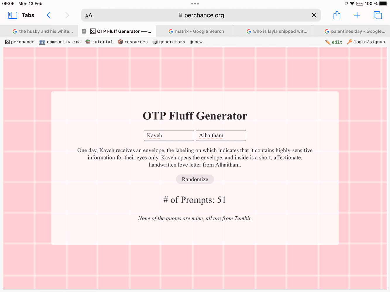 I used an OTP fluff generator because plot generator is messed up and ...