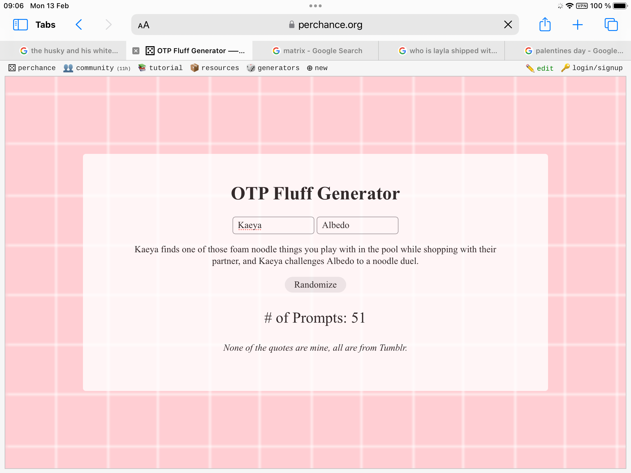 I used an OTP fluff generator because plot generator is messed up and ...