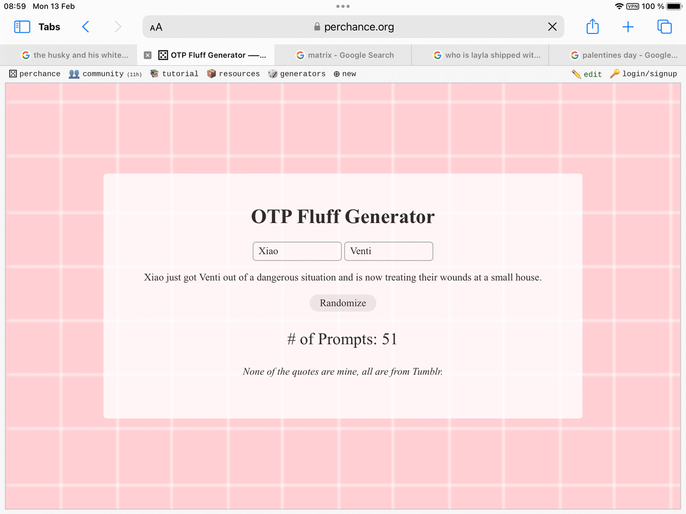 I used an OTP fluff generator because plot generator is messed up and ...