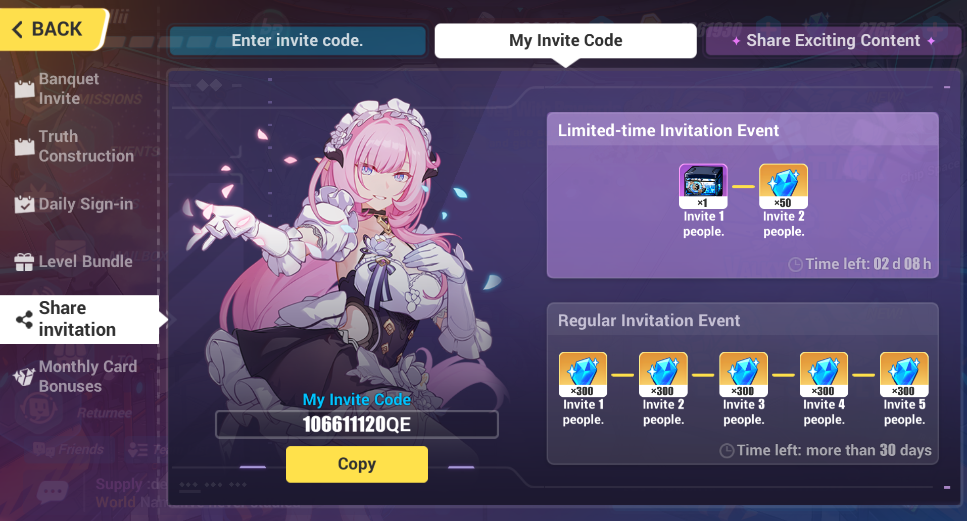 Hello! Invite code, for returning/ new players! Honkai Impact 3rd | HoYoLAB