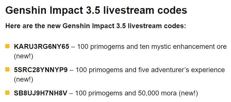 GENSHIN IMPACT 3.5 STREAM CODES Genshin Impact | HoYoLAB