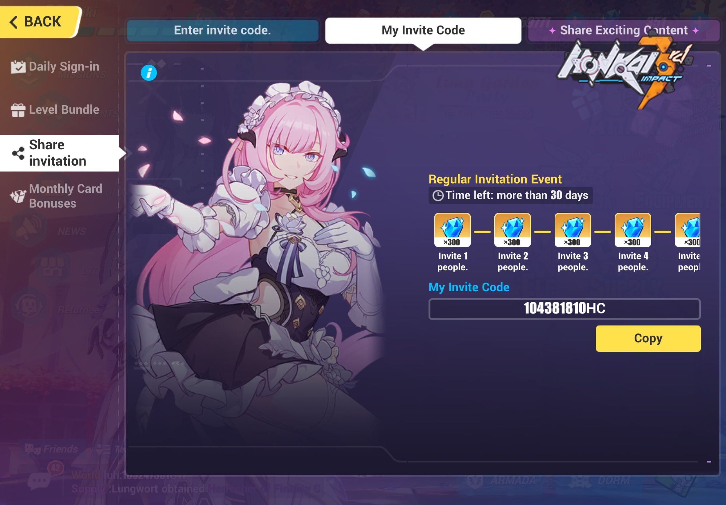 My invite code! Feel free to use it for crystals: 104381810HC Honkai Impact 3rd | HoYoLAB