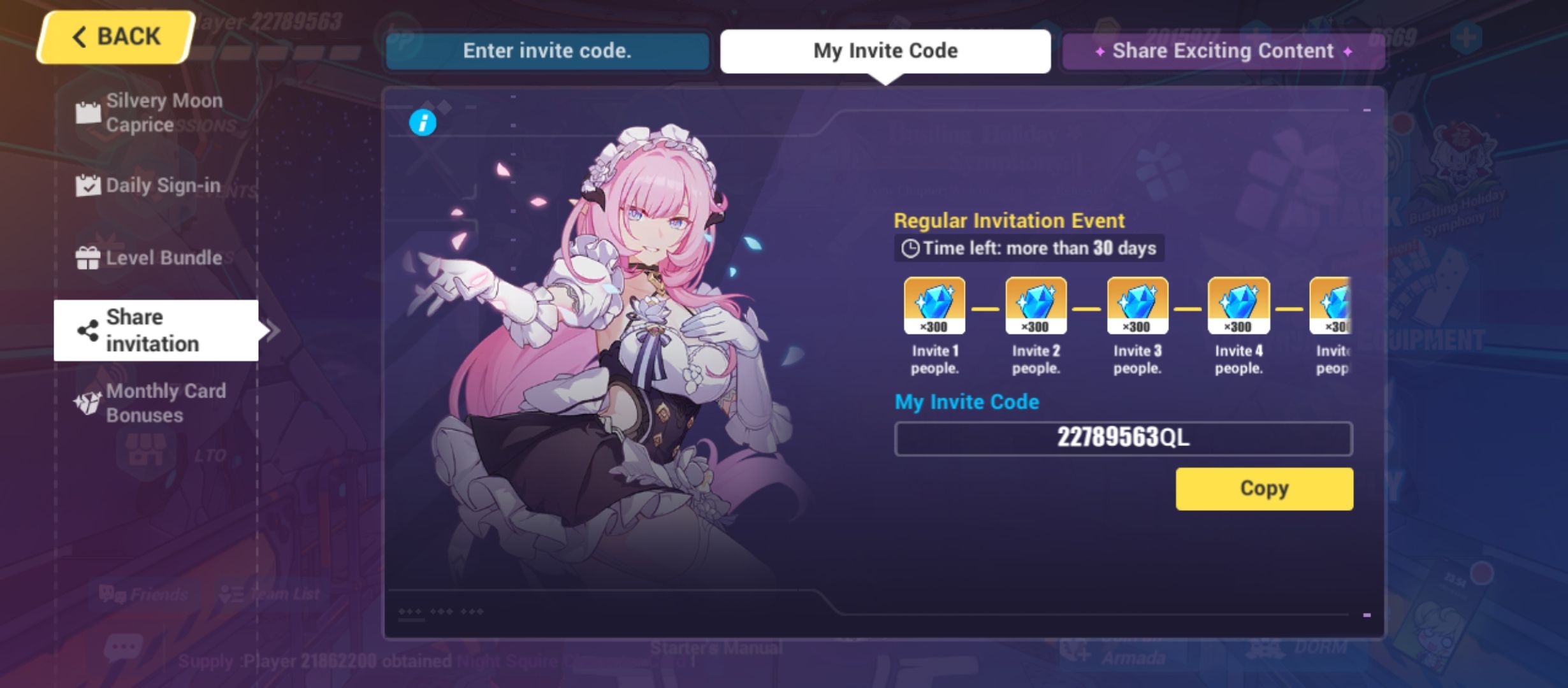 22789563QL Hi! guys here's my code for new and returnee players Honkai ...