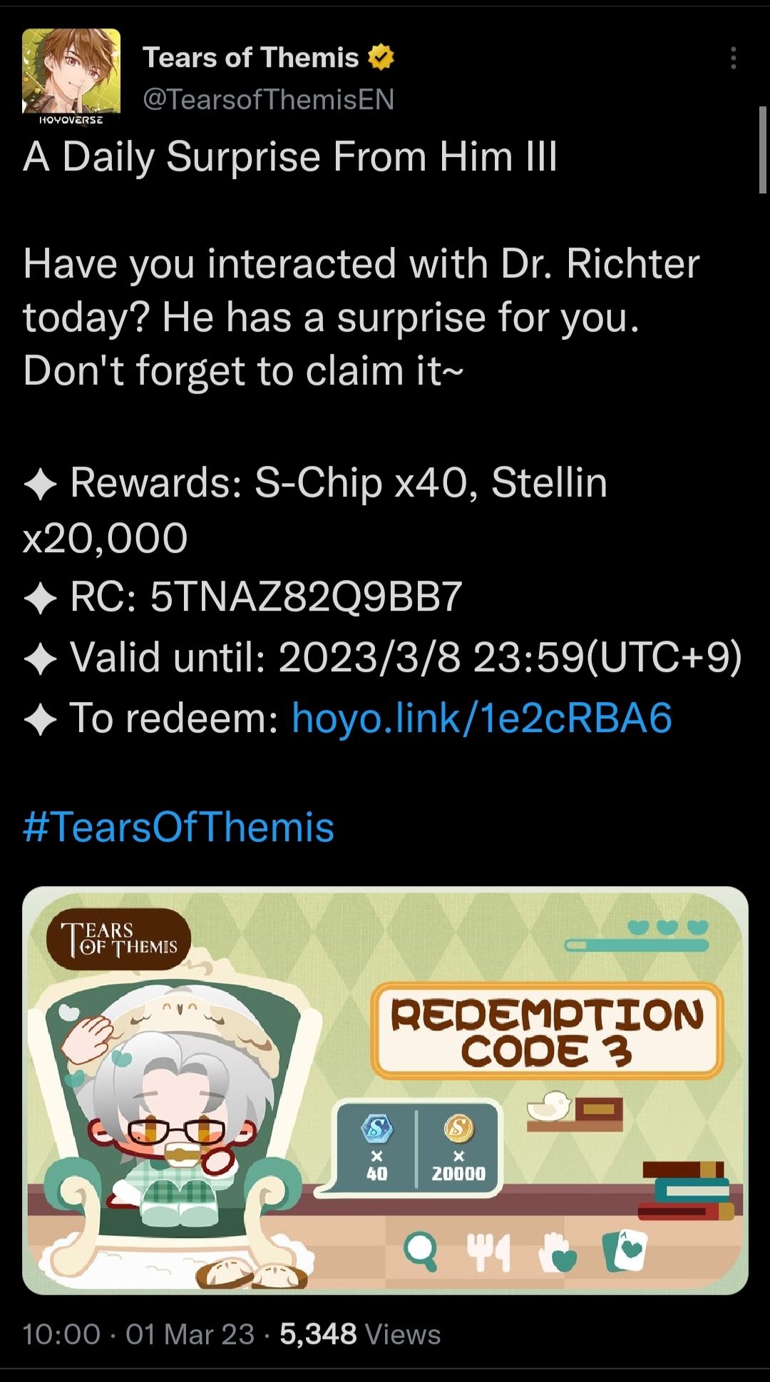 REDEMPTION CODE 3 Tears of Themis | HoYoLAB