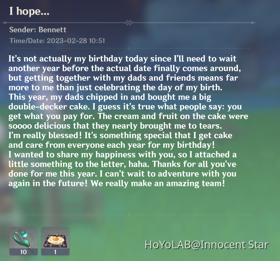 Bennett's Birthday Mail Genshin Impact | HoYoLAB