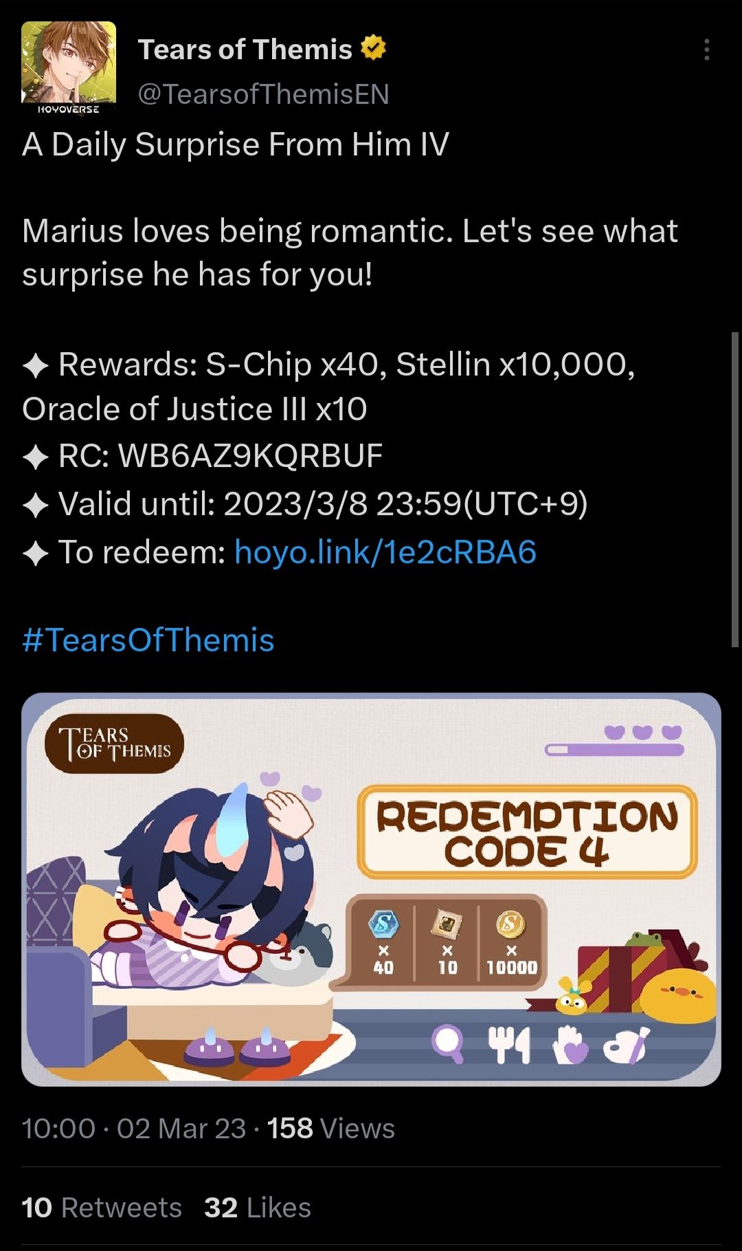 REDEMPTION CODE 4 Tears of Themis | HoYoLAB