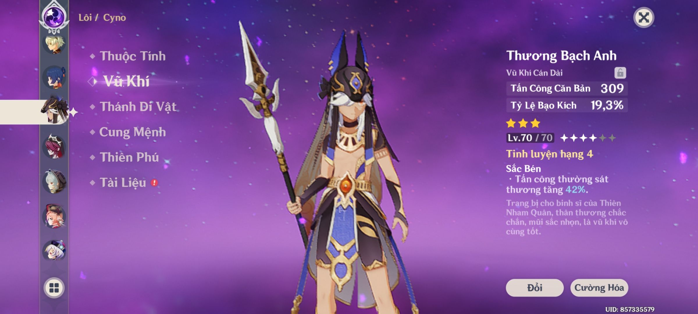 thương 3* có dùng được cho cyno không và dùng đồng hồ tinh thông hay tấn công và thánh di vật ...