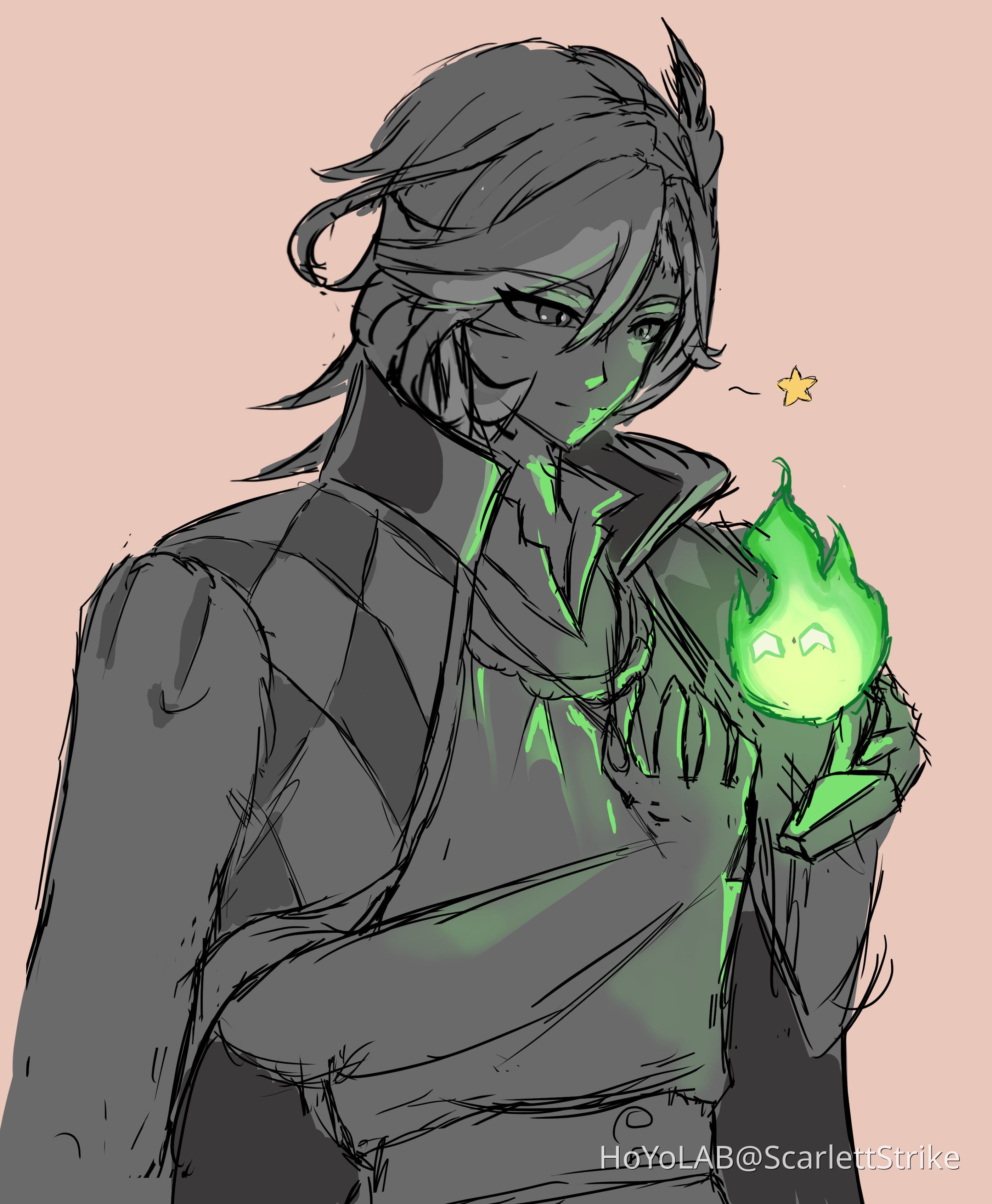 Mini sketch of Kaveh as Howl and Mehrak as Calcifer for movie night :3 ...