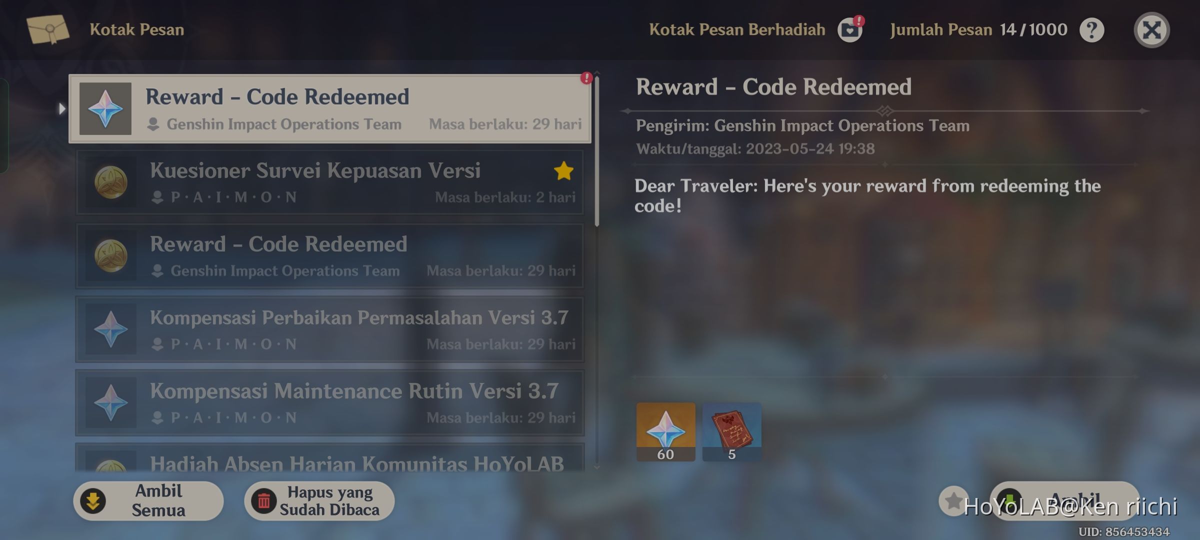 (part 2) Reward - Code Redeemed [60 primo] Genshin Impact | HoYoLAB