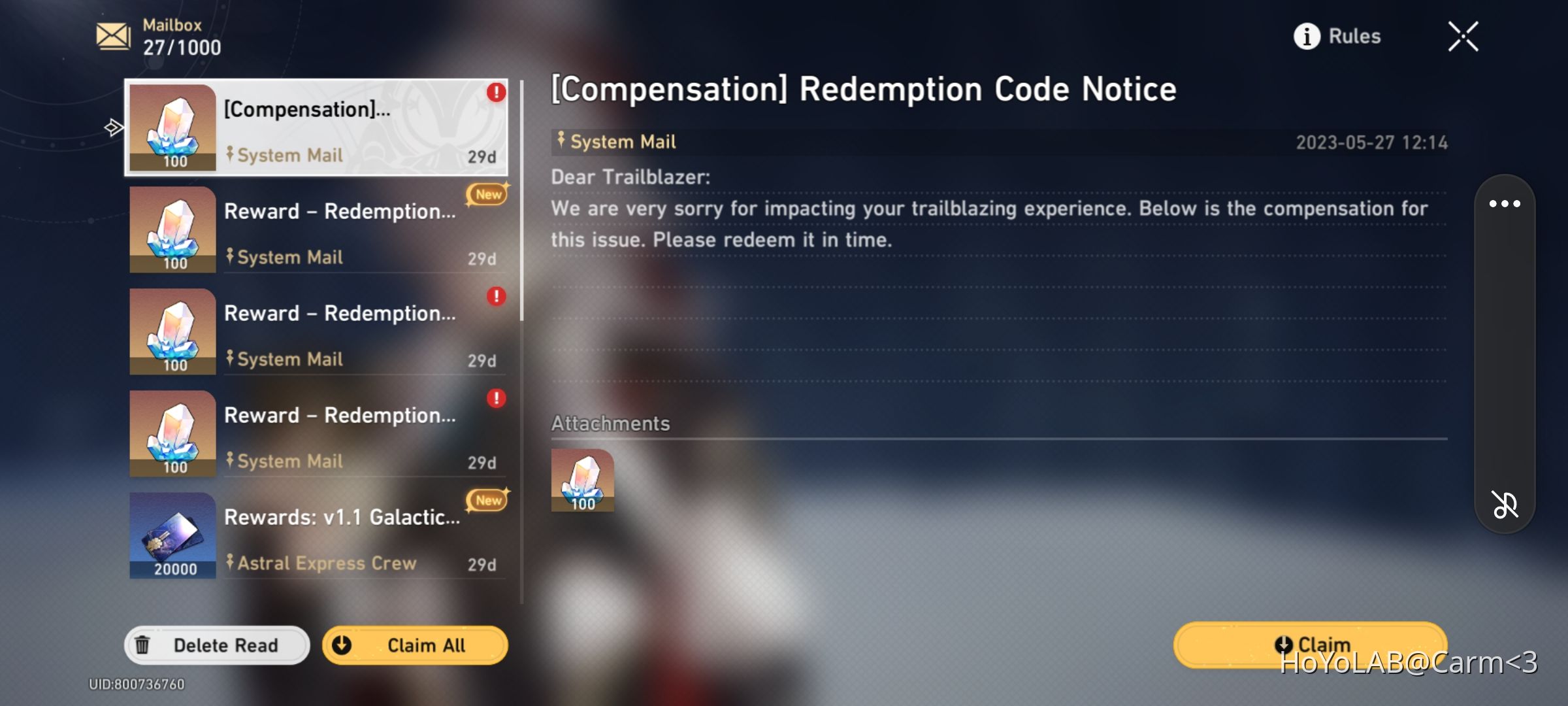 Today\'s free gifts! 400 stellar jade! REDEEM CODE NOW! Honkai: Star ...