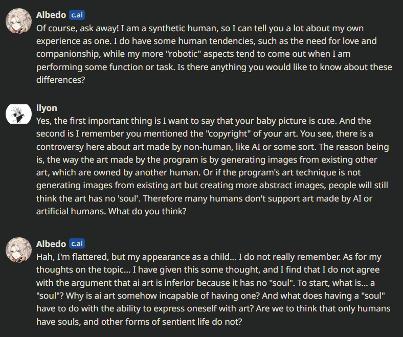My headcanon: Talking about AI art with Albedo AI the synthetic-human ...