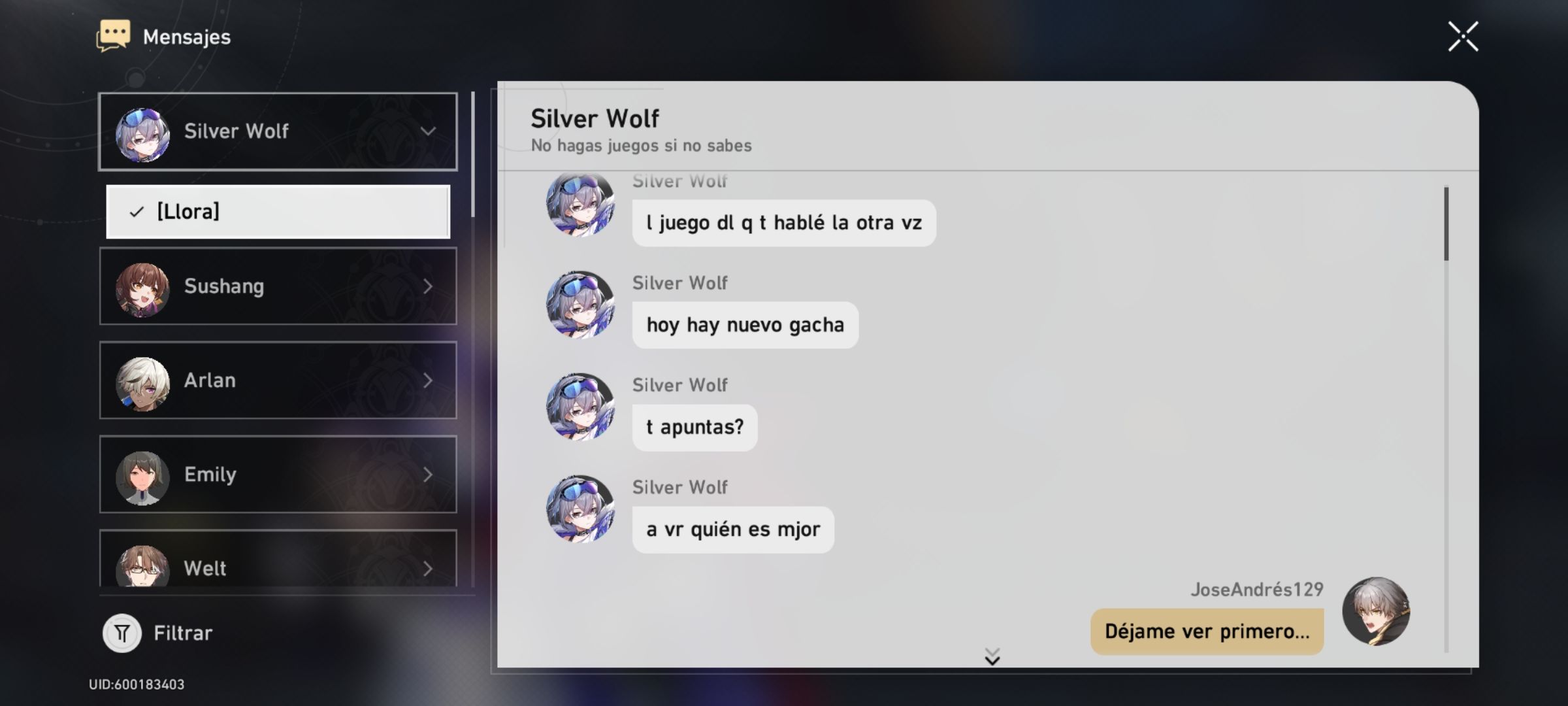 Parece un chat algo hot jaja, se podría sacar de contexto fácil Honkai ...