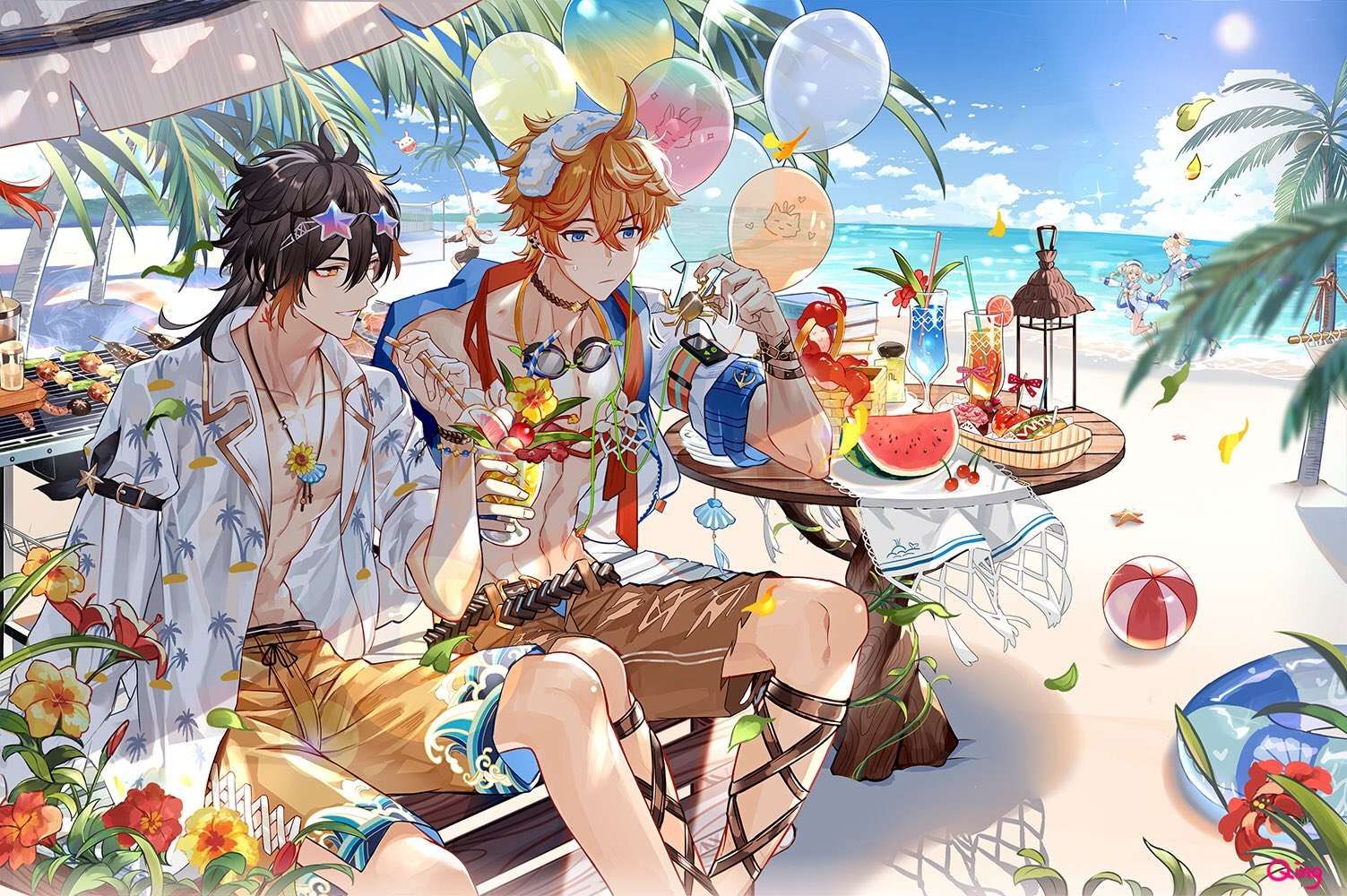 Summer Chillin' with Zhongli and Childe! (Art by Qing on Twitter ...