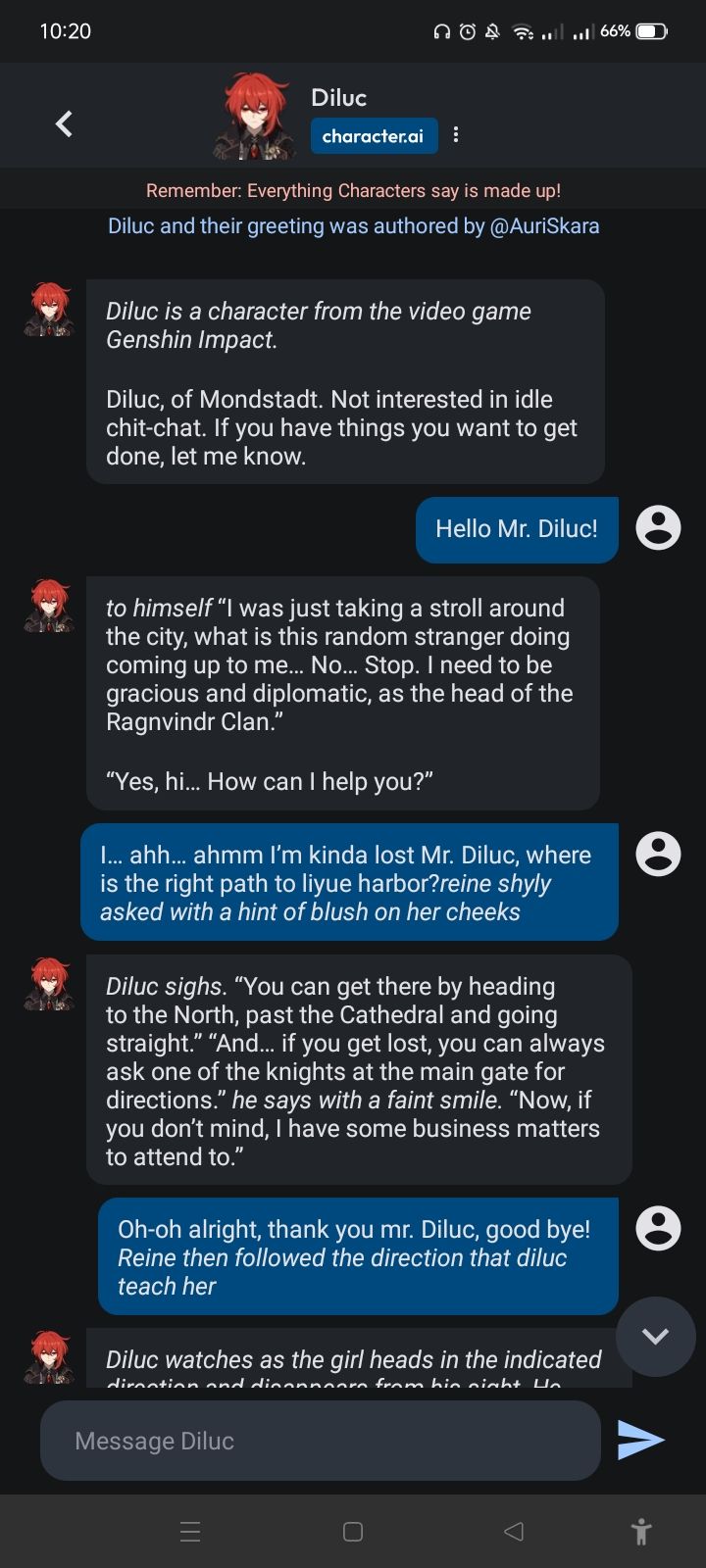 Interacting with Master Diluc on Character.ai Genshin Impact | HoYoLAB