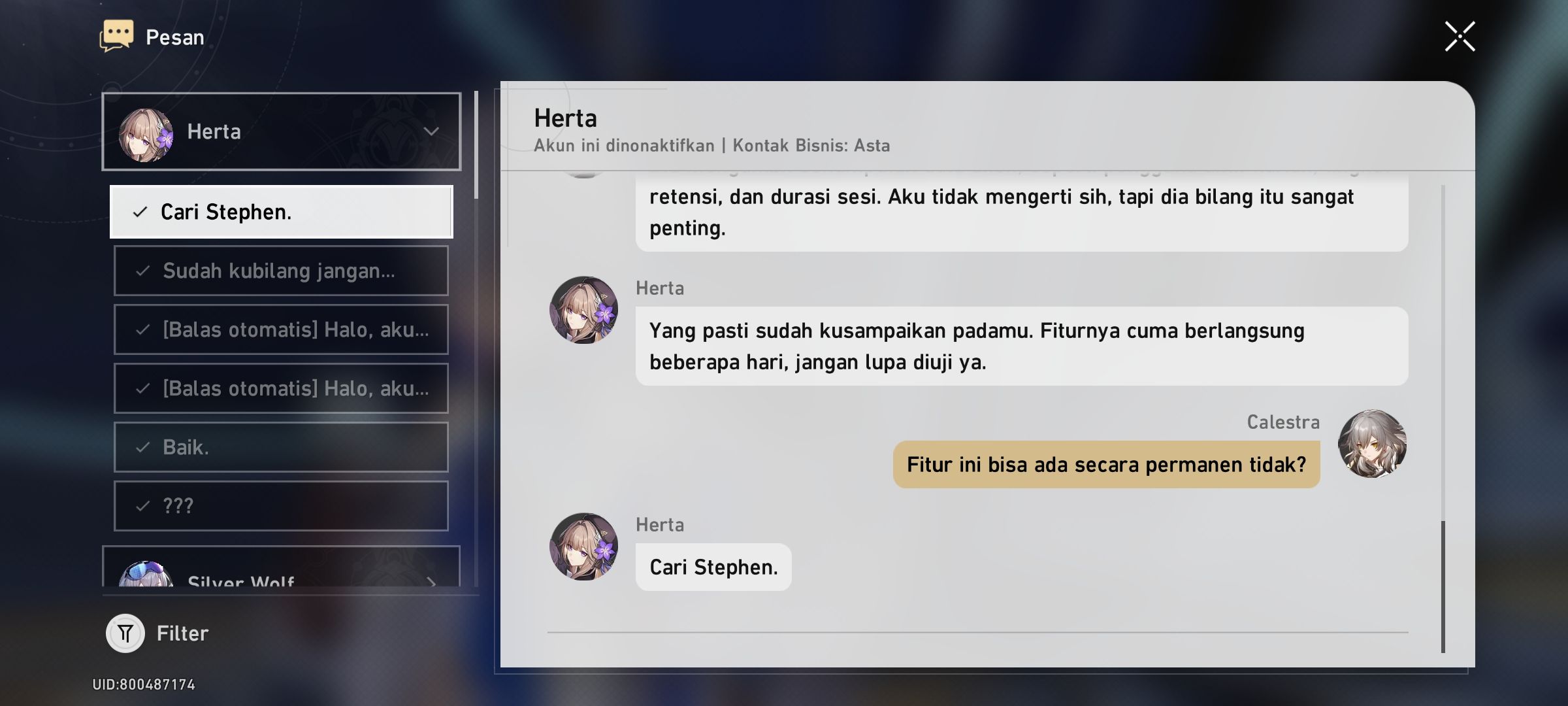 Udah lama banget gak di chat sama karakter. Apa dpt chatnya hoki-hokian atau cuman aku aja yg g ...