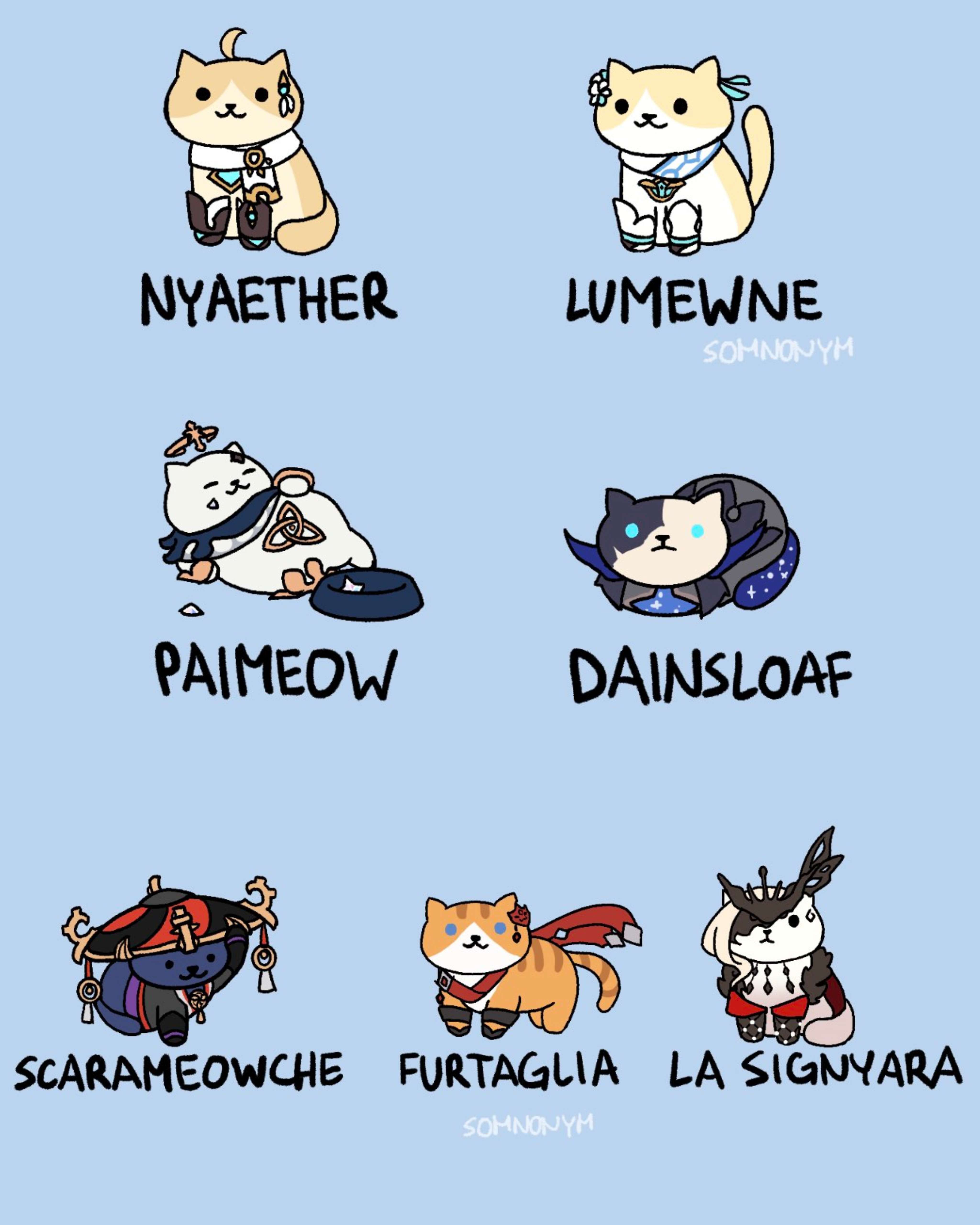The Travellers, Paimon and the Harbingers as Felines! (Art by Somnonym ...