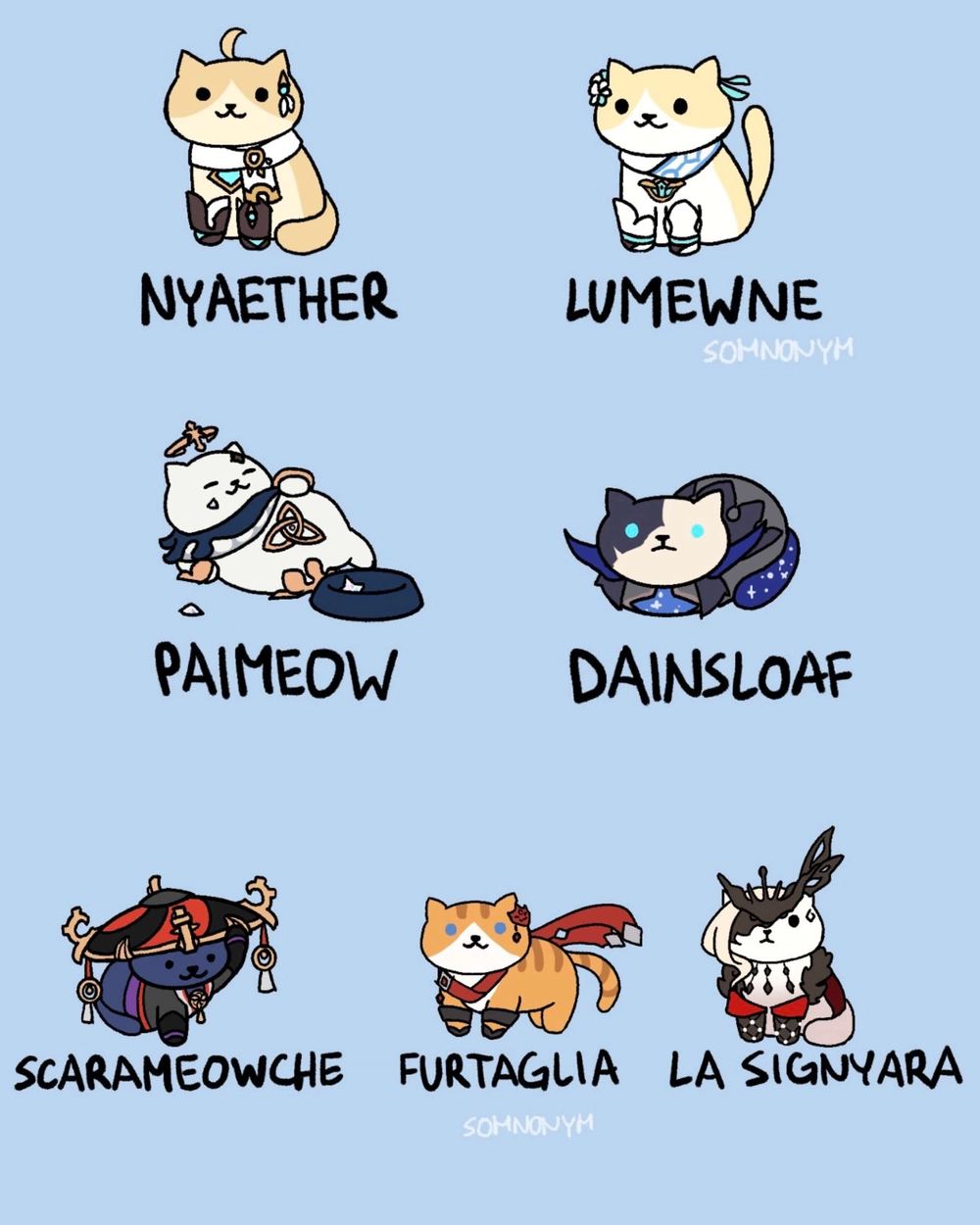 The Travellers Paimon And The Harbingers As Felines Art By Somnonym the-travellers-paimon-and-the-harbingers-as-felines-art-by-somnonym
