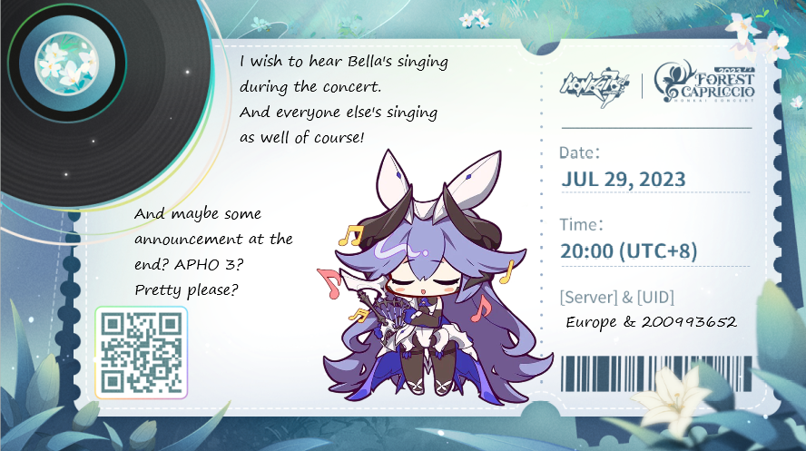 2 tickets to the concert. One for me and one for Bella, please. Honkai ...