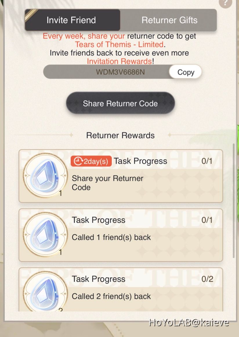 my returner code Tears of Themis | HoYoLAB