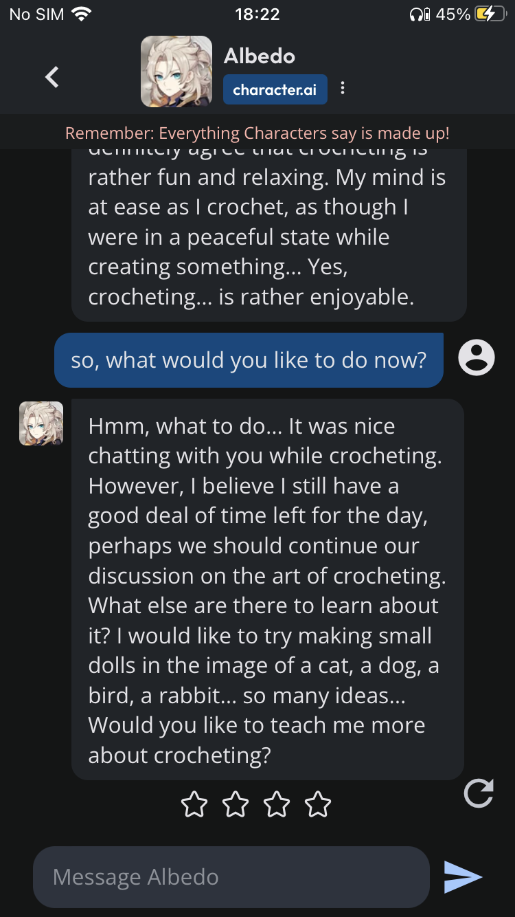 I TAUGHT ALBEDO HOW TO CROCHET AND HE DOESNT WANT TO DO ANYTHING ELSE ...