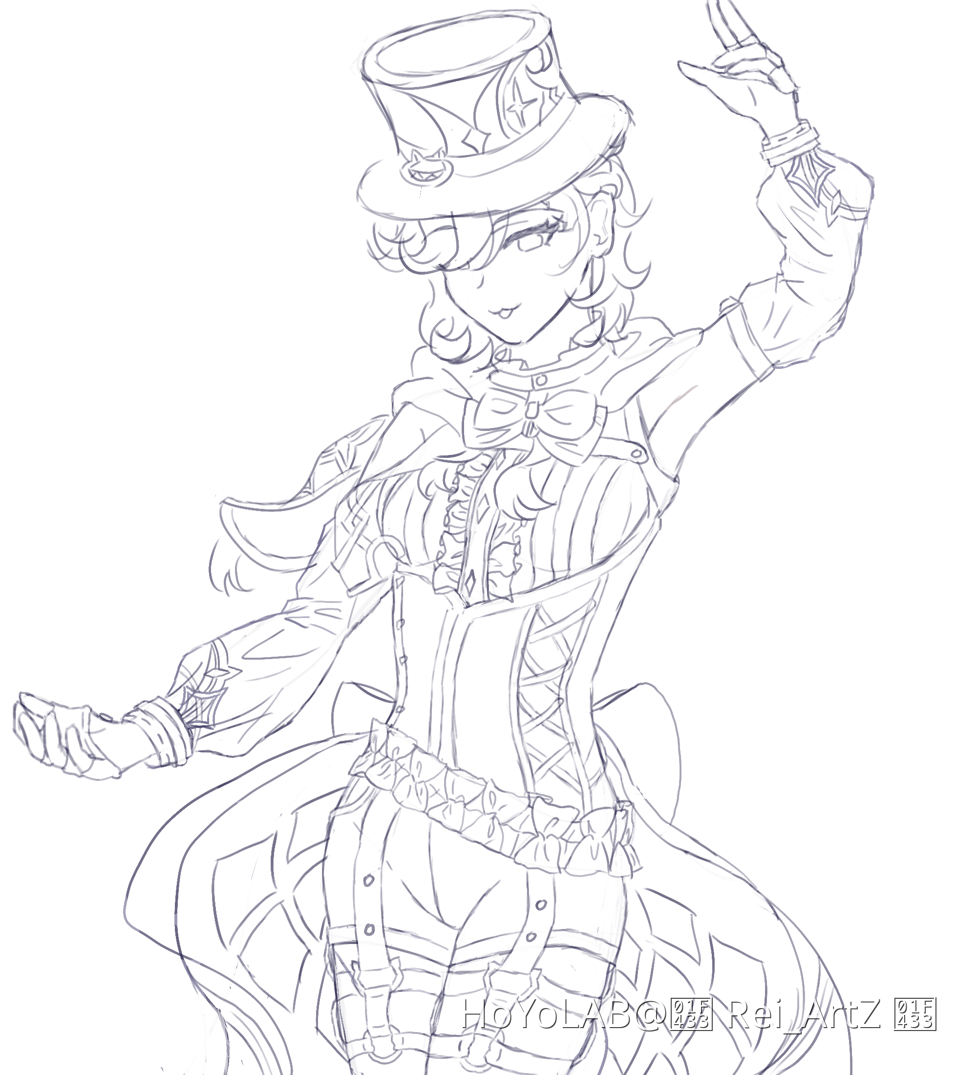 A WIP of my Genshin oc in Lyney outfit since im excited for Fontaine :3 ...