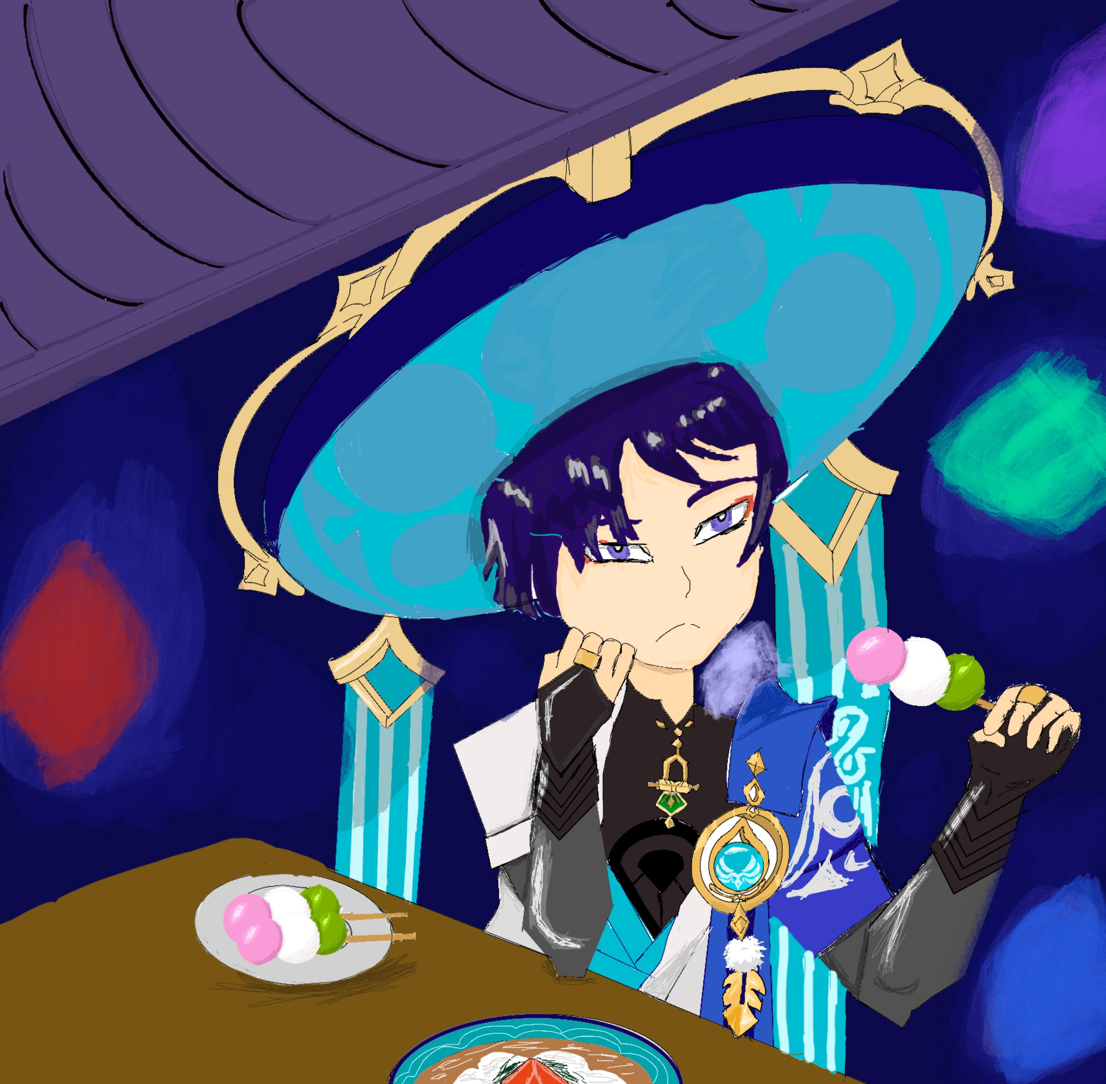 Bored Wanderer, also trying out Dango from Raiden Shogun Genshin Impact ...