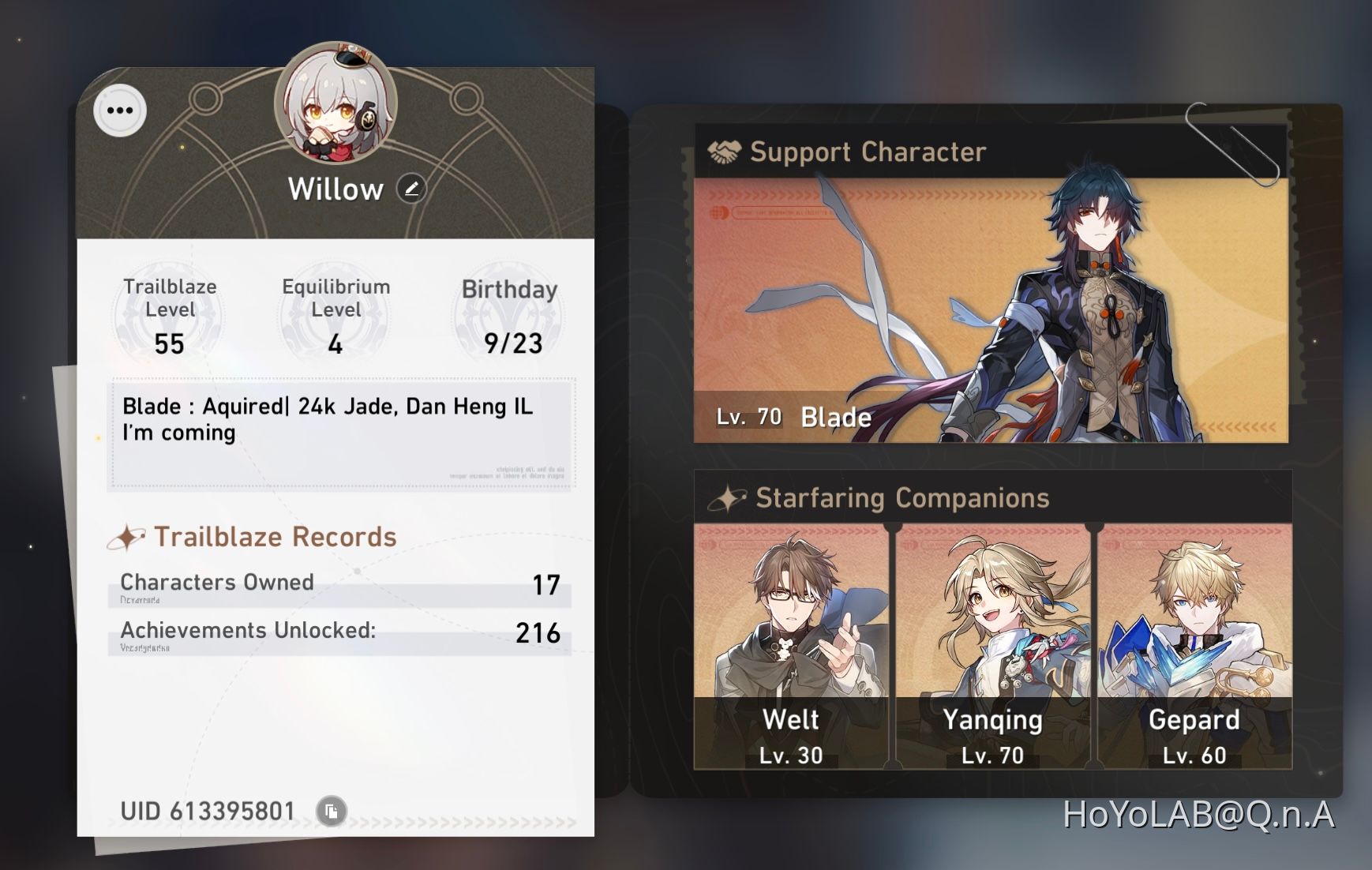 Hey, anyone want to friend me on HSR?? Looking for ppl to use my Blade ...