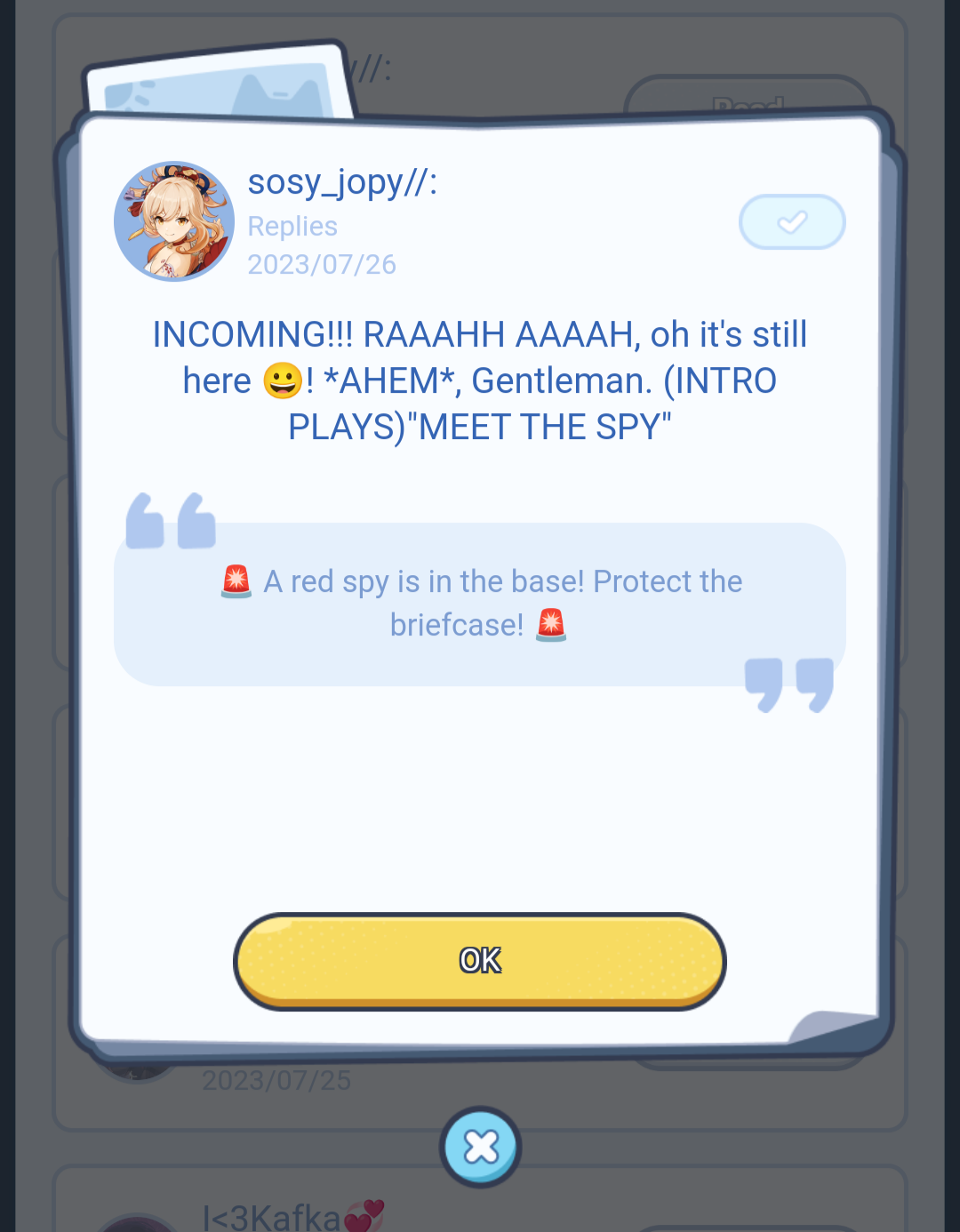 Tell me, did anyone happen to kill a red Spy on the way here? | HoYoLAB