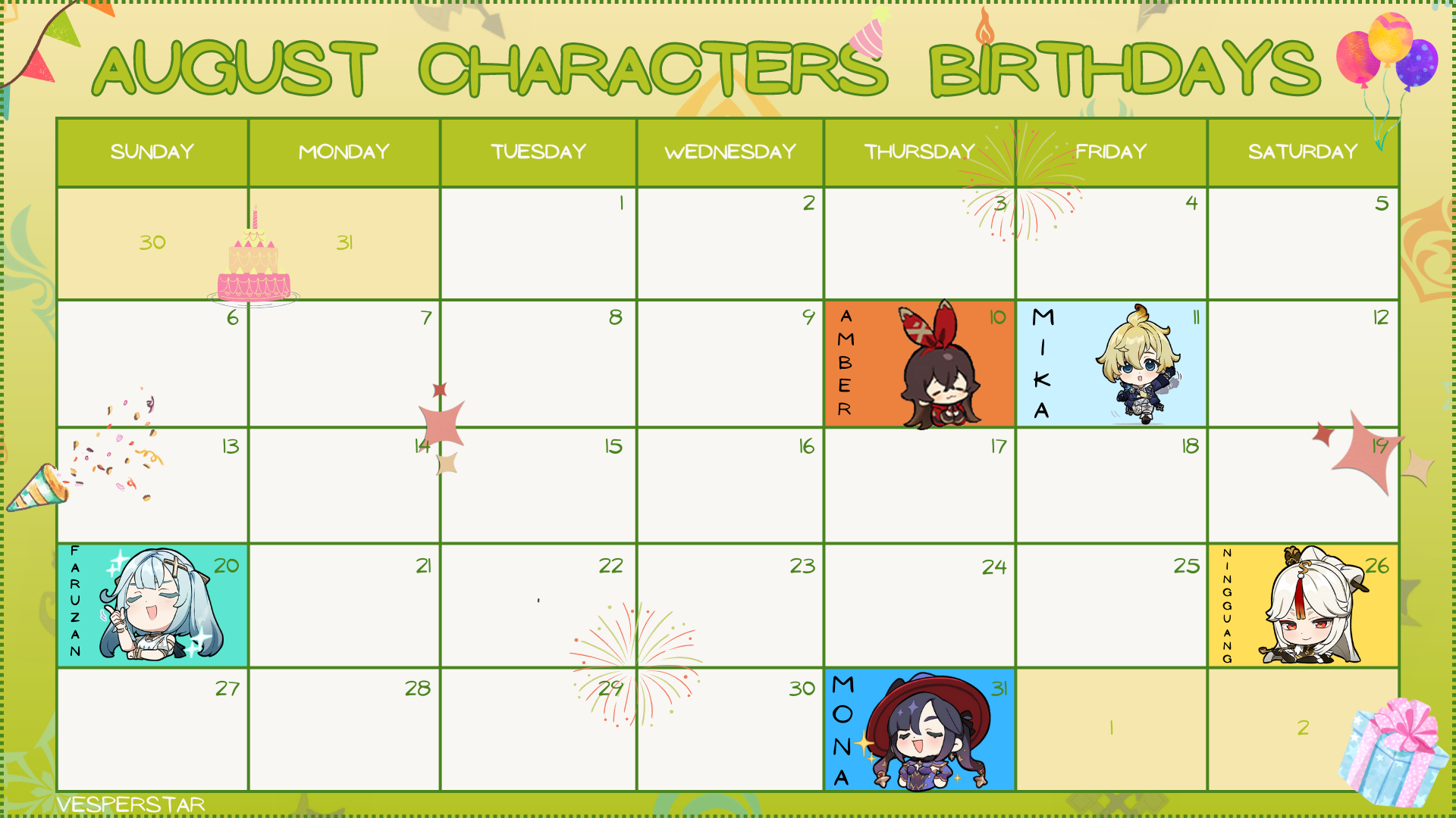 {August Calendar} ~ Upcoming Genshin Characters Birthdays ~ Genshin ...