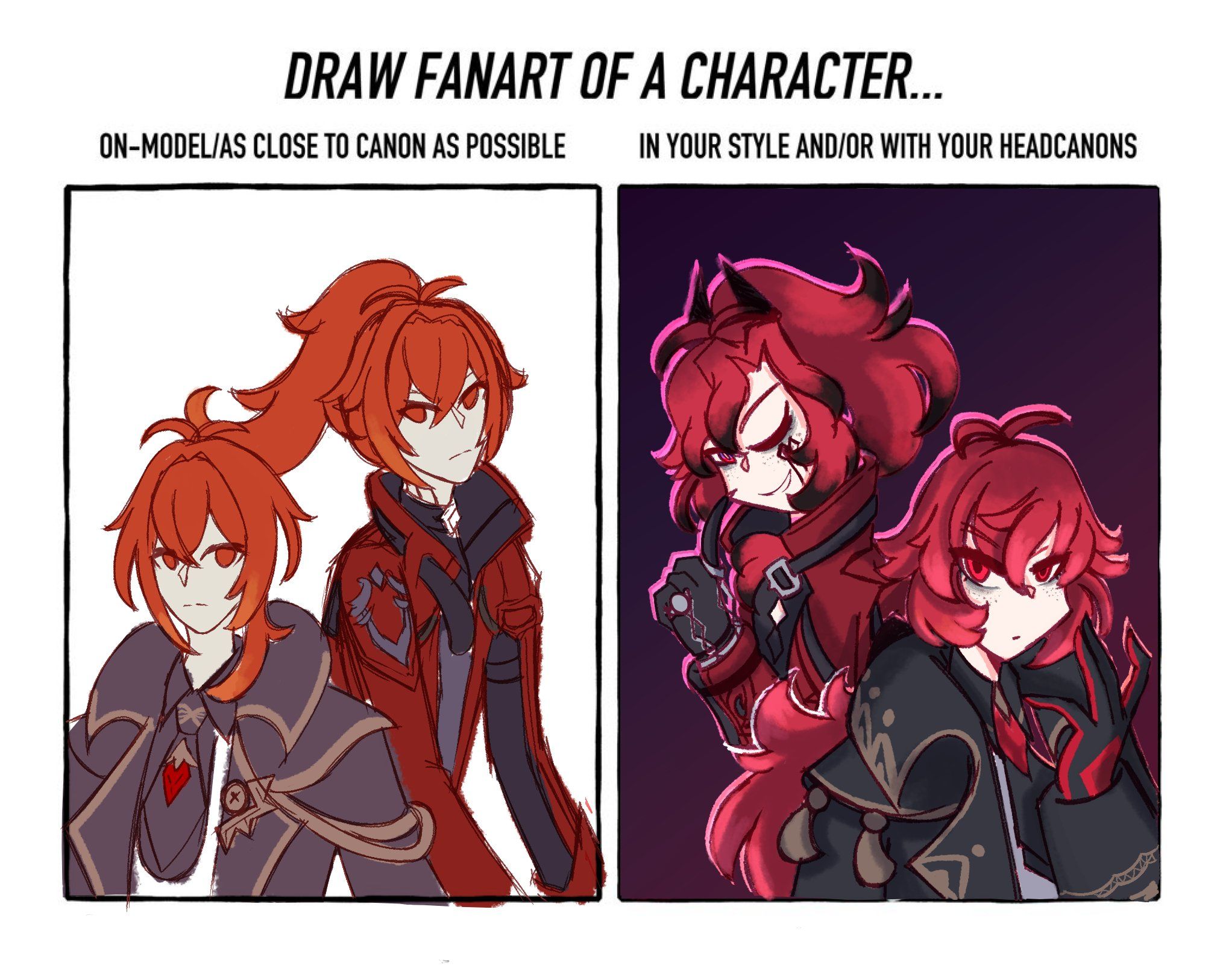 Fanart of Diluc both in his canon appearance and how i draw him except ...