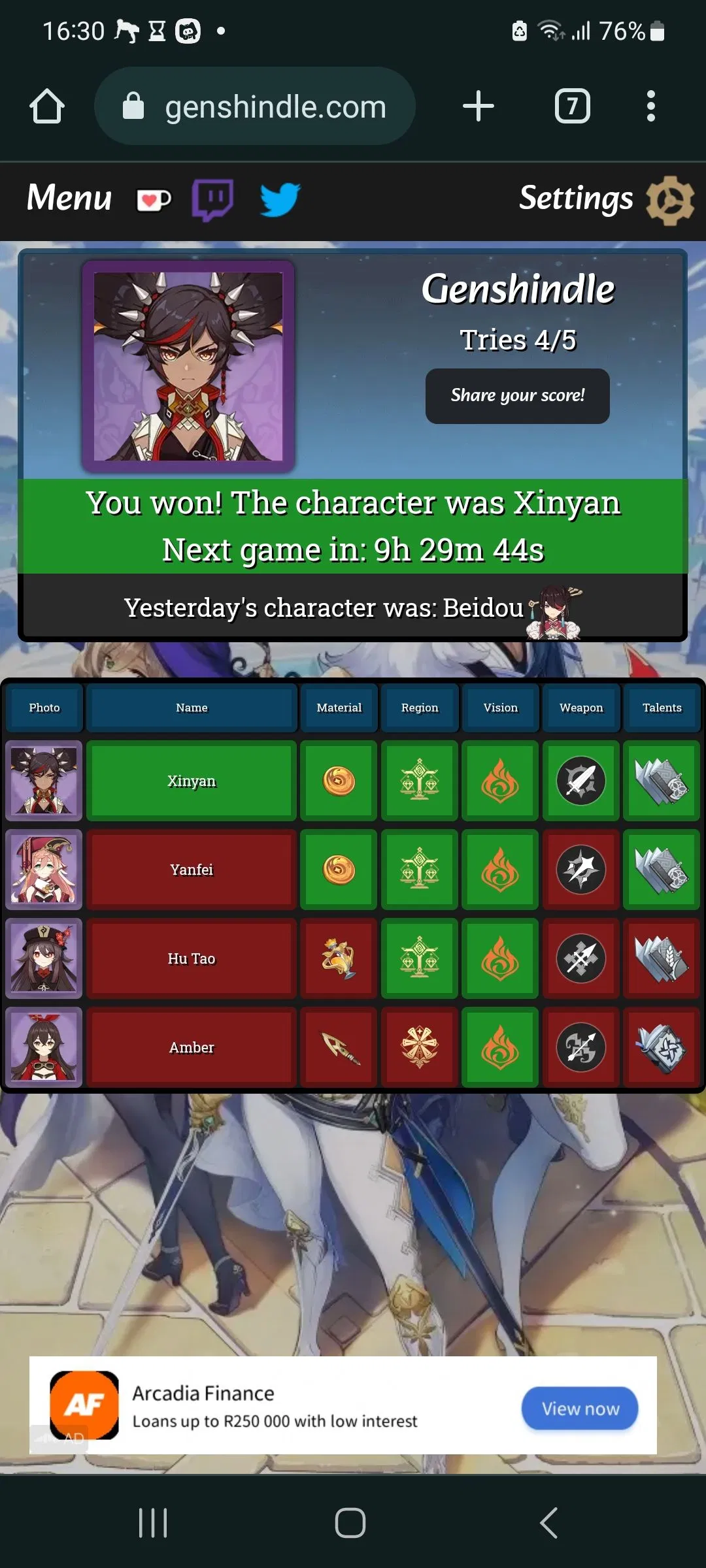 today's gindle (wordle 4 genshin) Genshin Impact | HoYoLAB