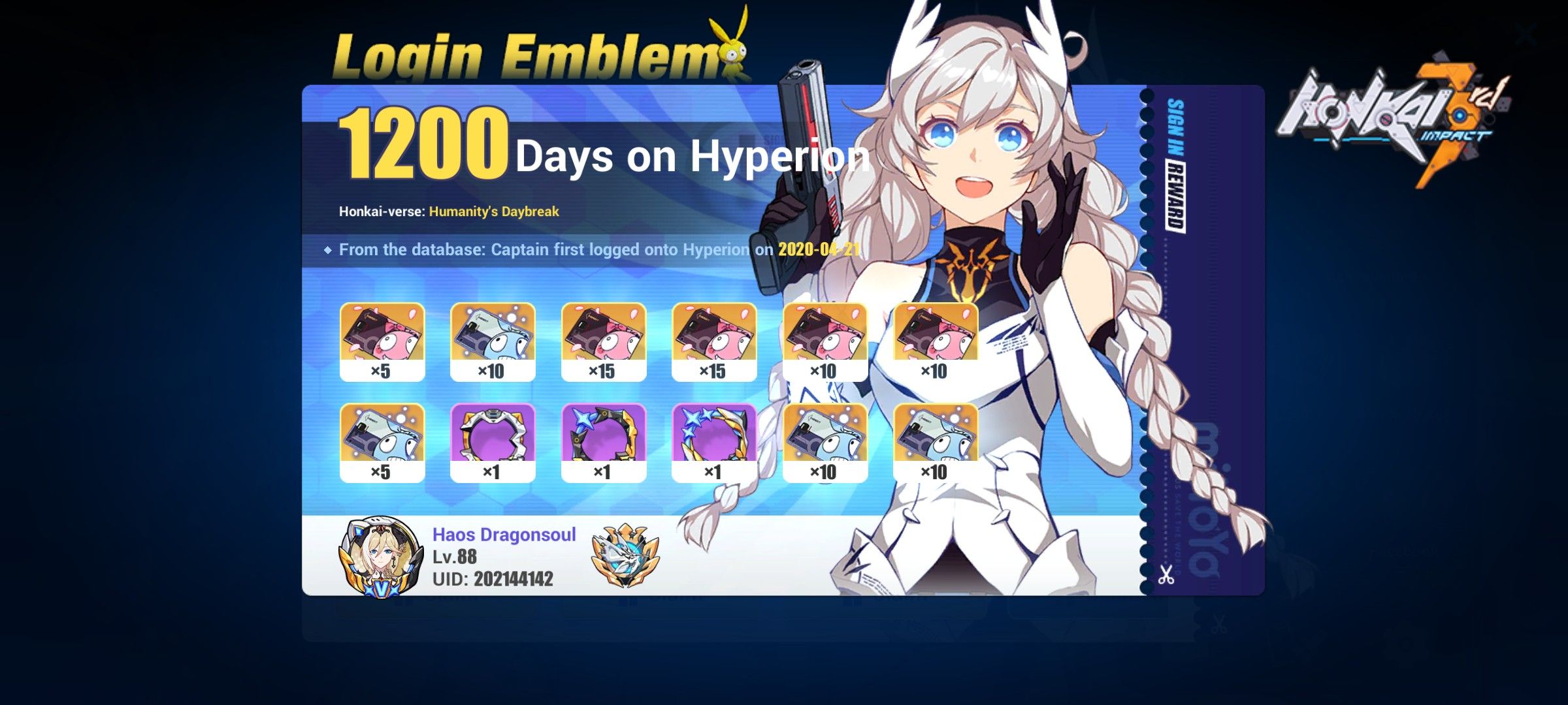 Completed 1200 days in hi3. Honkai Impact 3rd | HoYoLAB