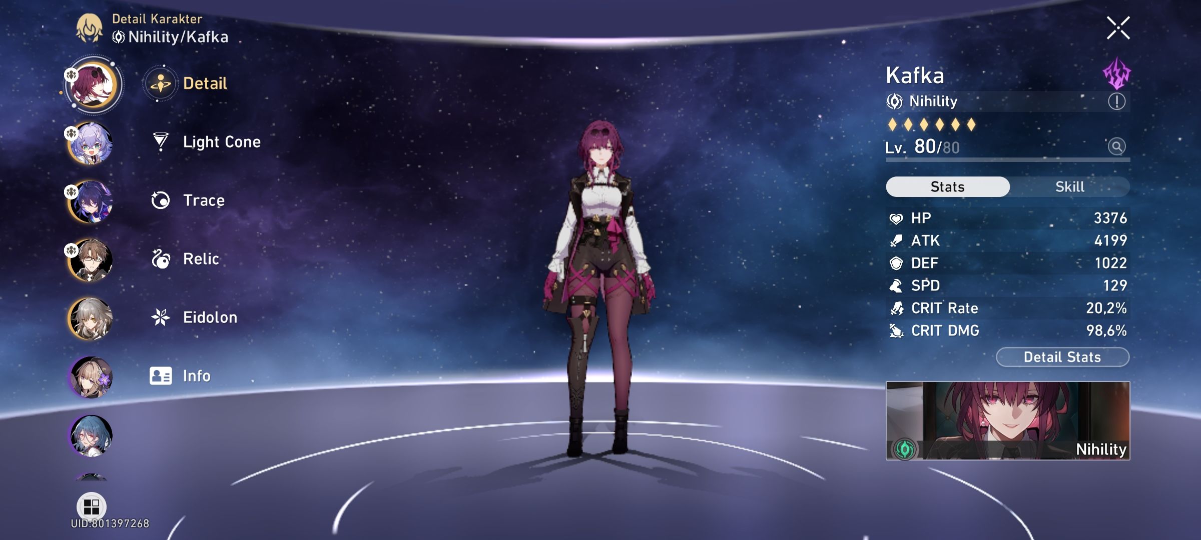 choose 1 good stat for kafka (i use stat 50% Crit rate coz skill and ...