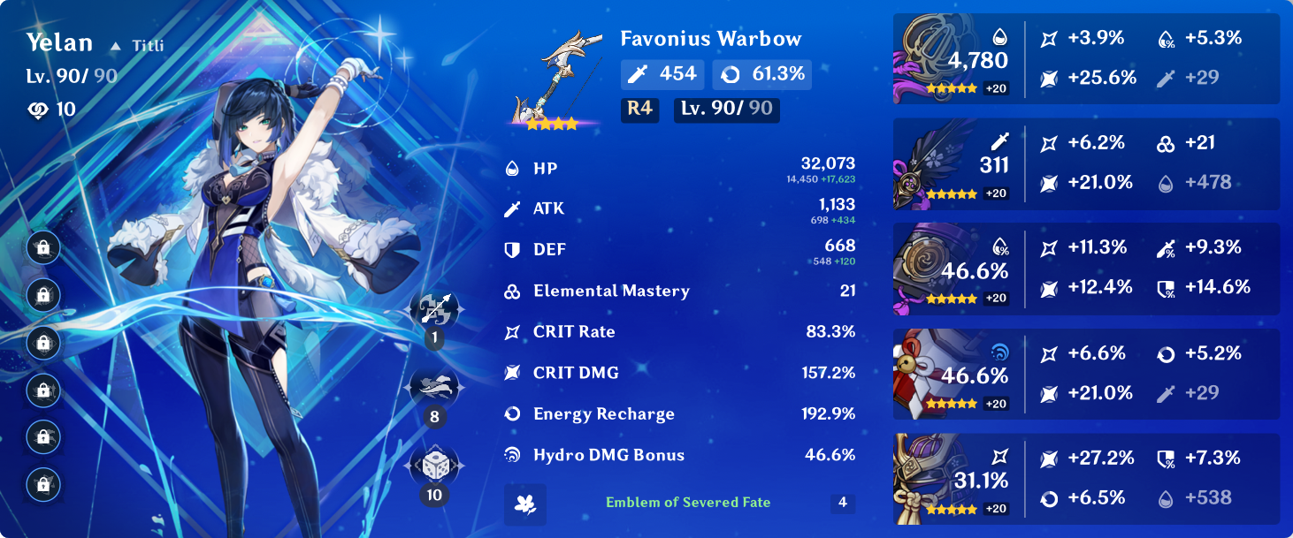 Yelan build on Fav and her signature weapon!!! Genshin Impact | HoYoLAB