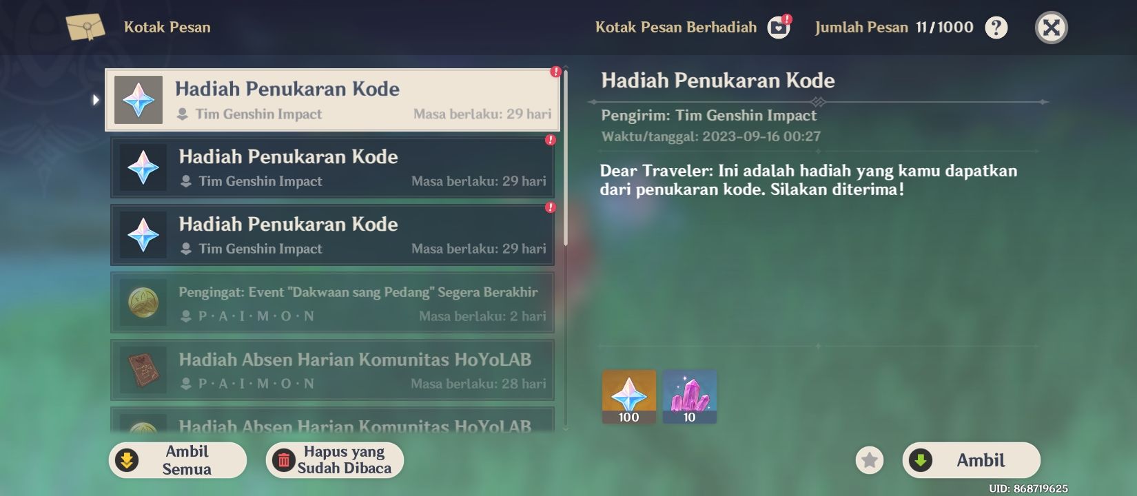 dapat email dari poimon ngasih kode redam. lumayan dapat 300 primo ...