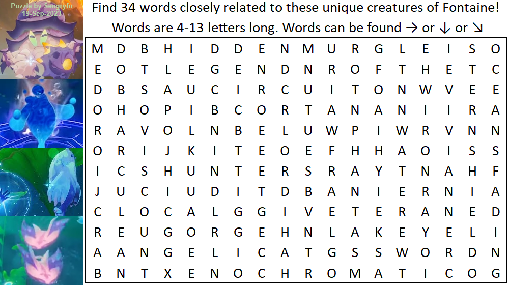 Word Games #141 - Sept 19 - Unique Creatures of Fontaine Genshin Impact ...