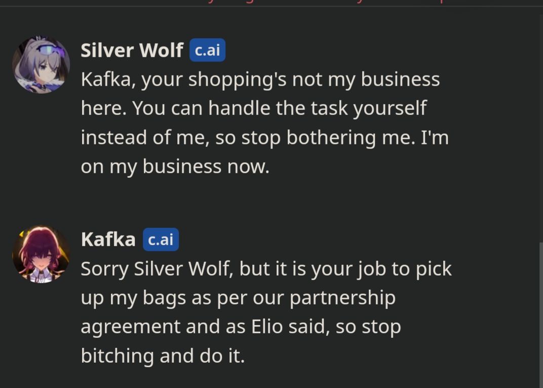 Decided to pair my remastered Kafka and Silver Wolf bots together on my c.ai alt account as a ...