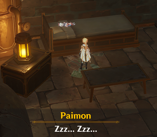 Our dear emergency food, Paimon is resting. The bed is too big for her ...