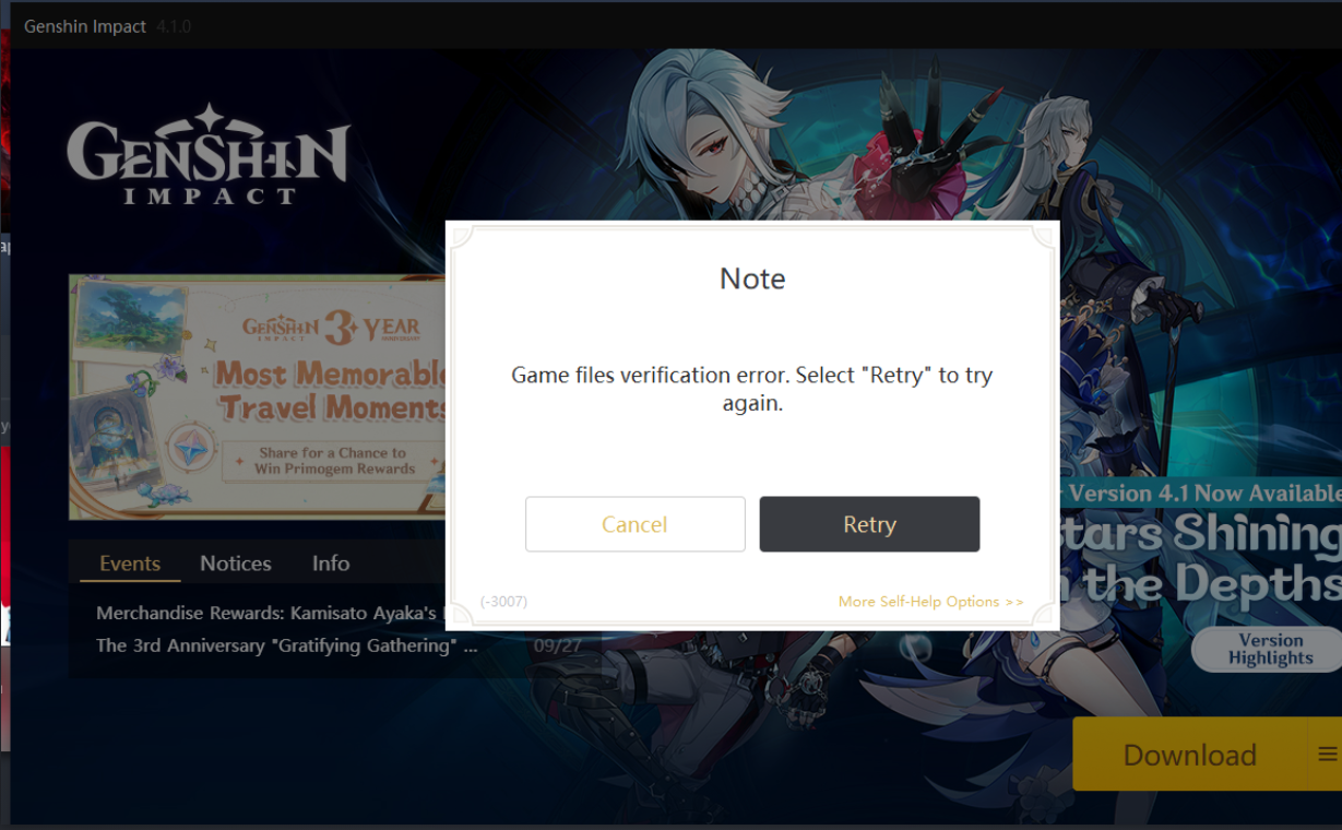 Game Files Verification error. Select "Retry" to try again. Genshin Impact | HoYoLAB