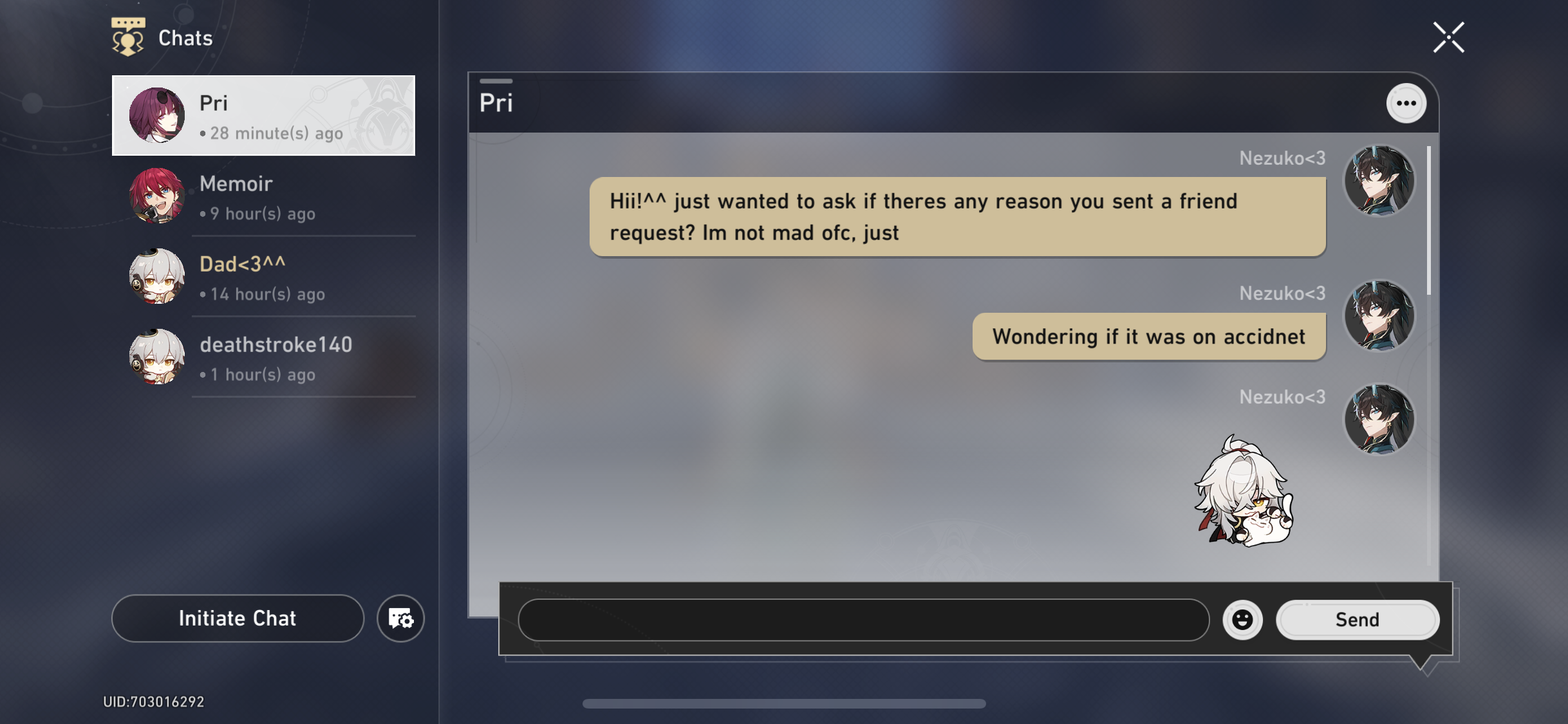 THIS RANDOM PERSON FRIENDED ME AND THAT WAS SO NICE OF EM😭 Honkai: Star ...