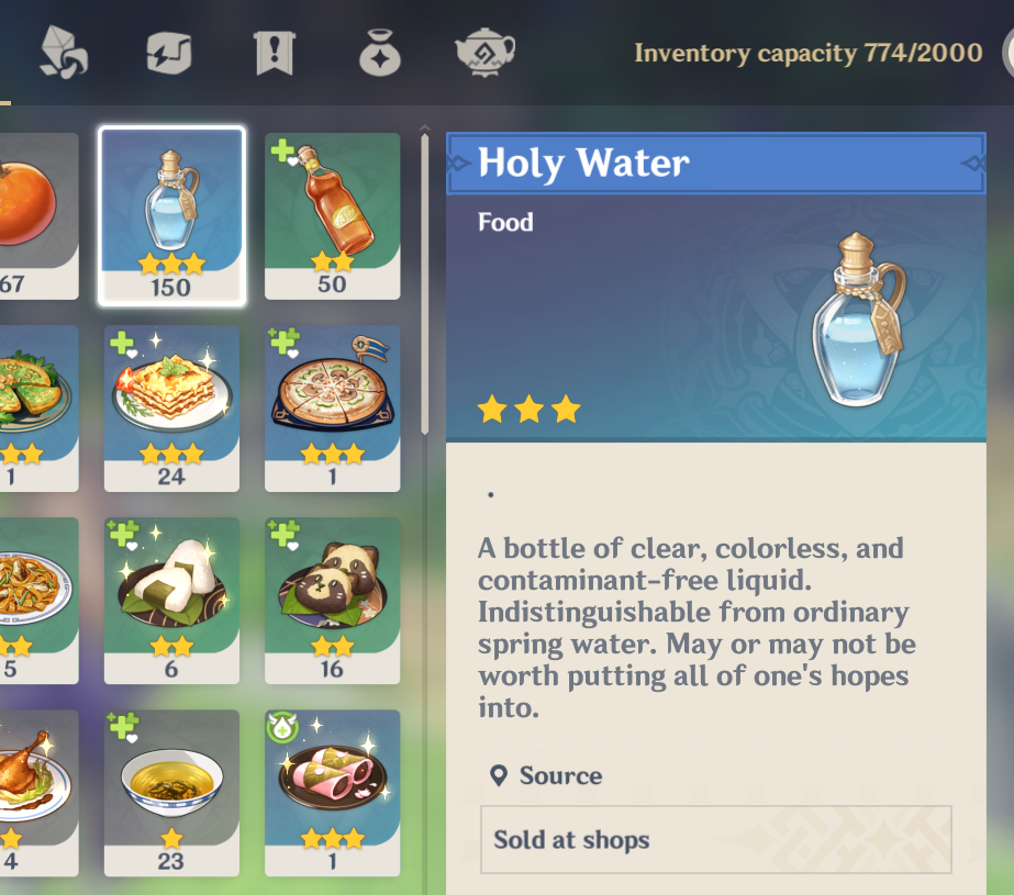 100 Holy Water update: I now have 150 Holy Water. Genshin Impact | HoYoLAB