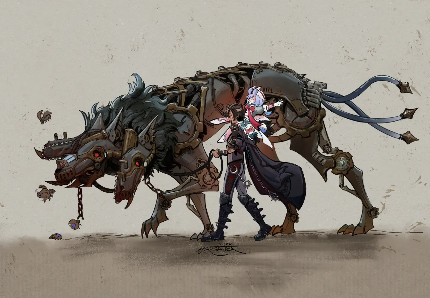 Another Wriothesley fanart, gave him a big arkhium powered nuke launcher doggie (named Cerberus ...