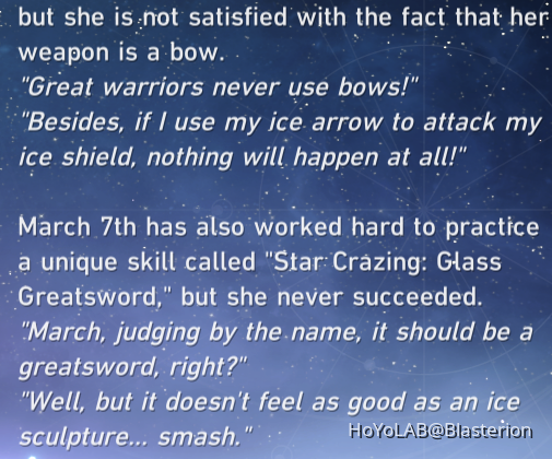 March 7th Profile story tells us that she like Swords more than bows ...