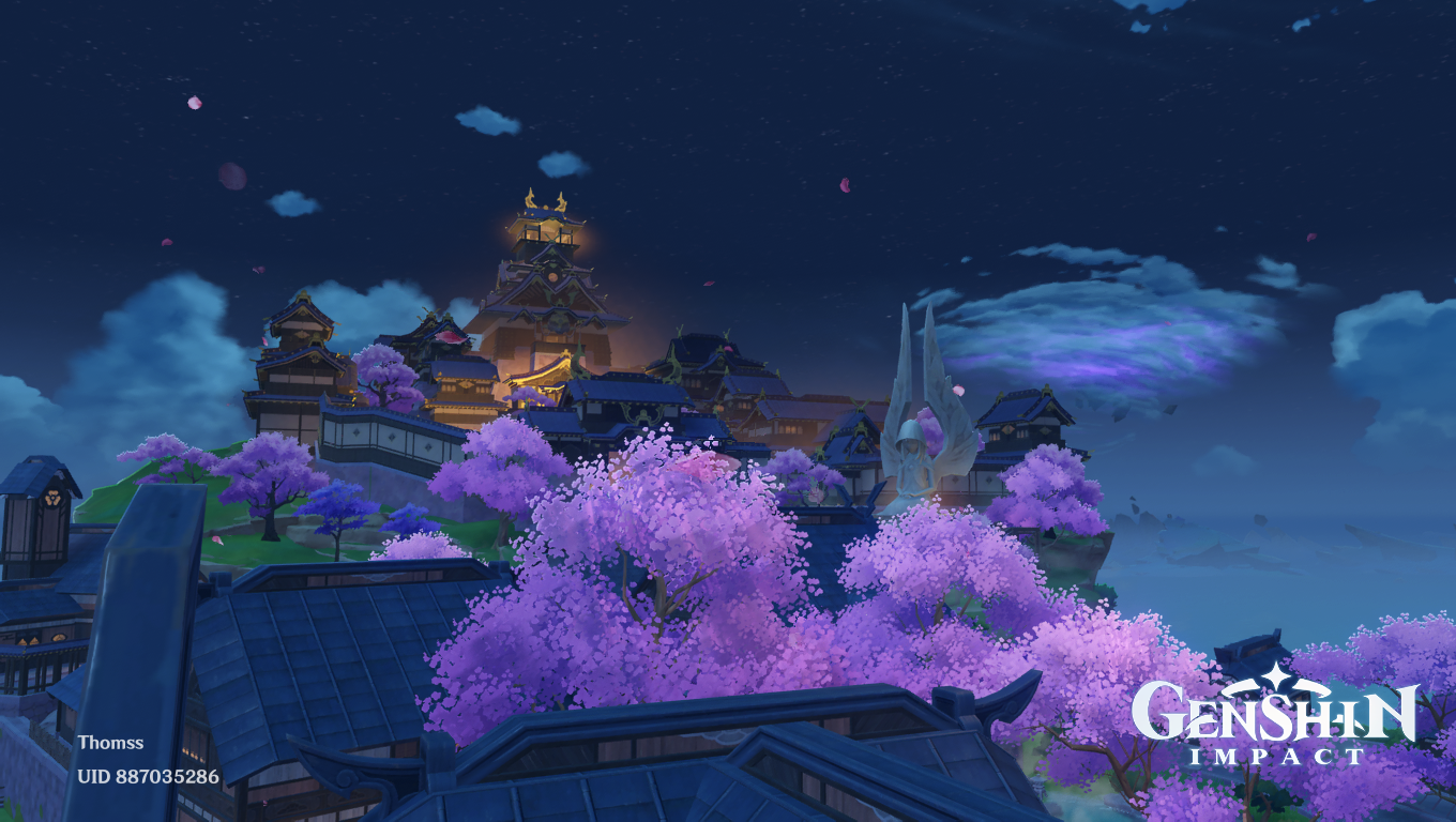 Above the blue sky, it gleams so bright, Tenshukaku Inazuma, a city of ...