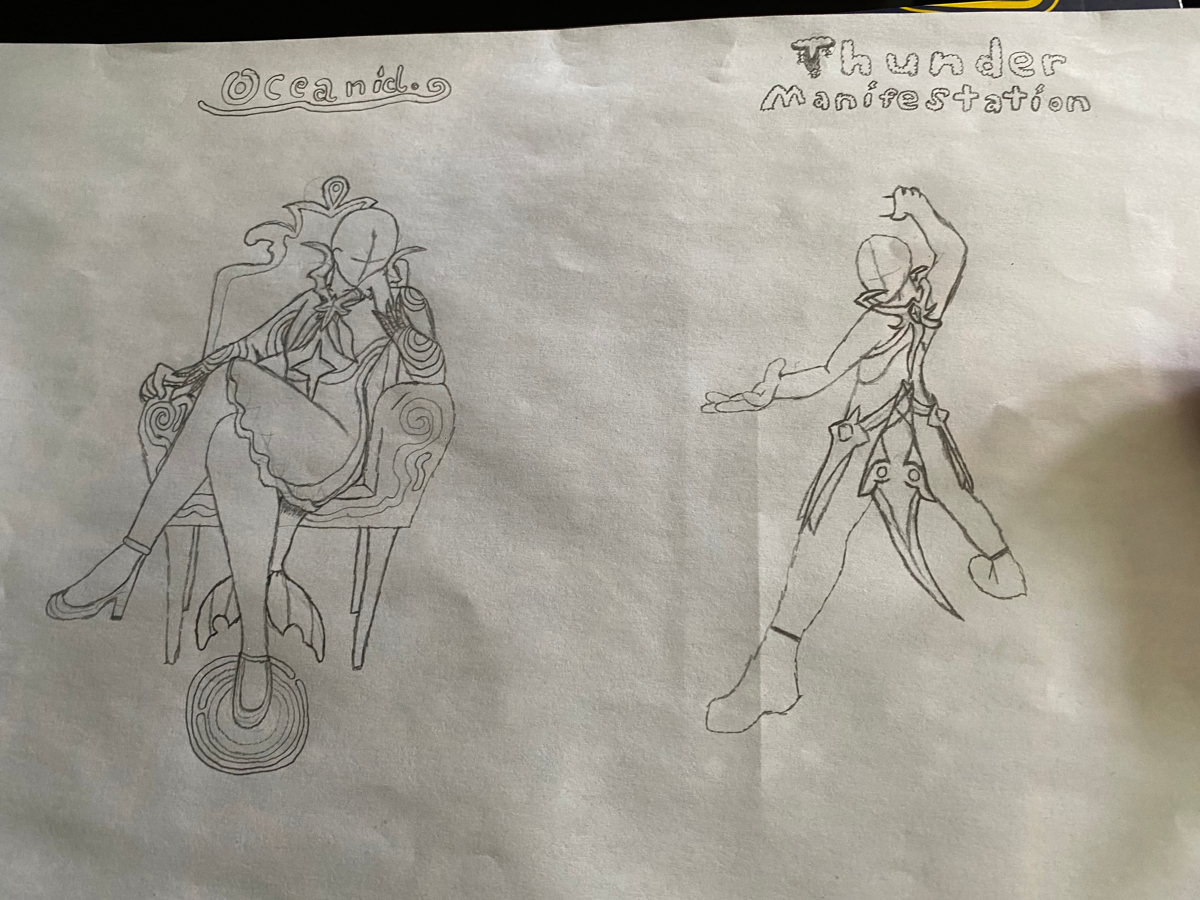 Humanoid Oceanid and Thunder Manifestation sketches. Genshin Impact ...