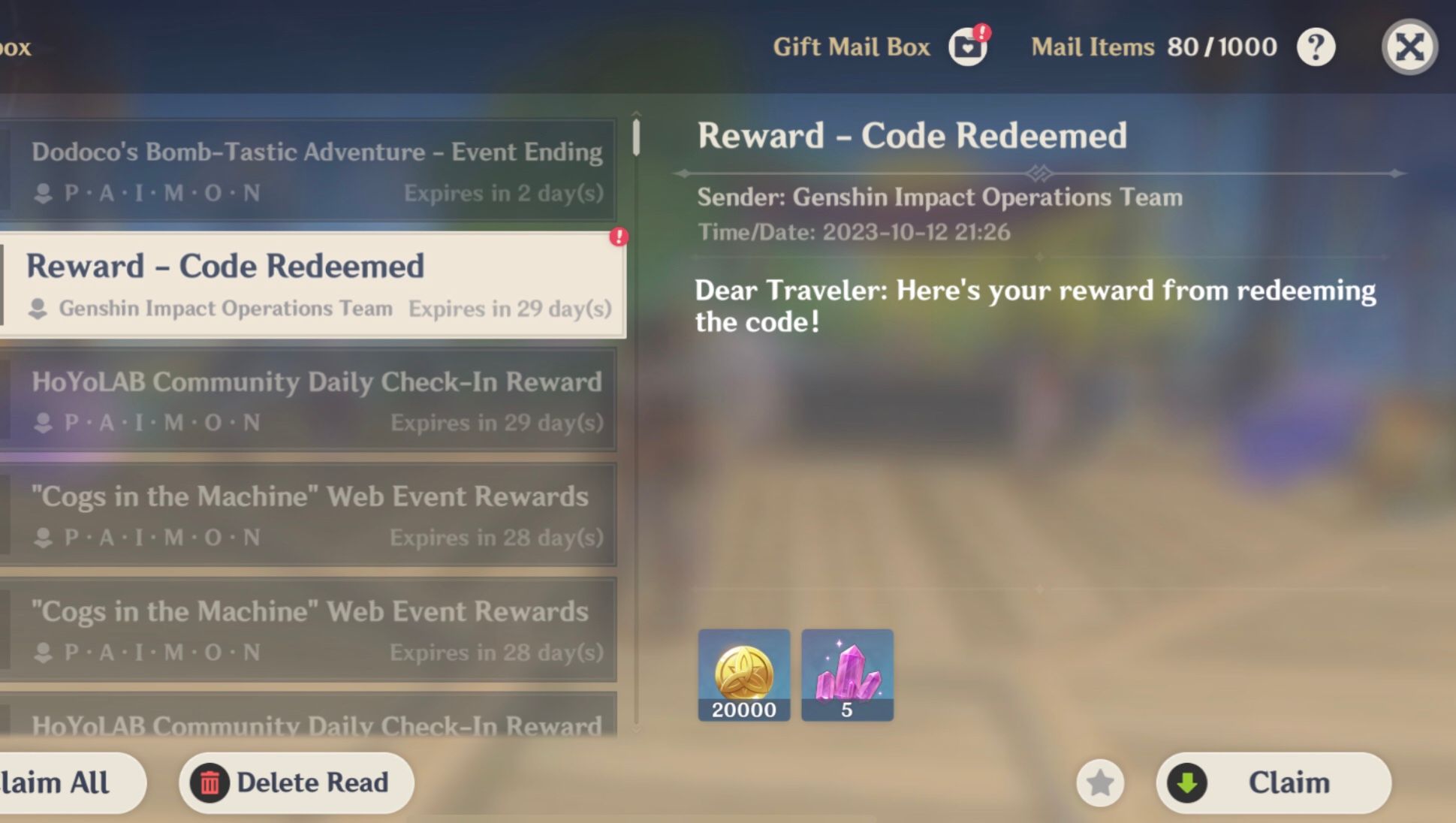 Redemption code for 20,000 Mora and 5 Mystic Enhancement Ore Genshin ...