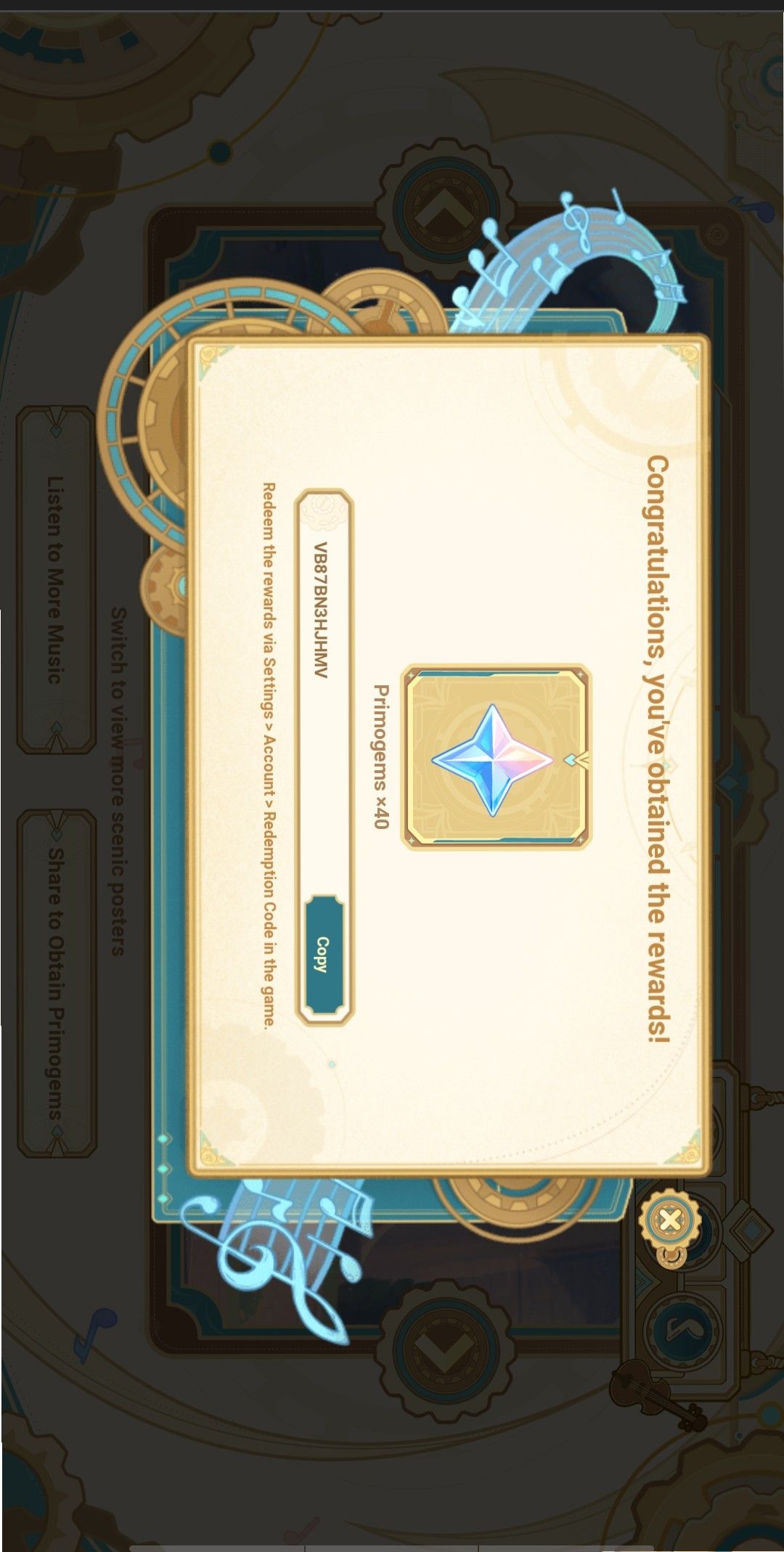 Play this game 40 primo claim once http://surl.li/mlgej the link is too long and i shorten it ...