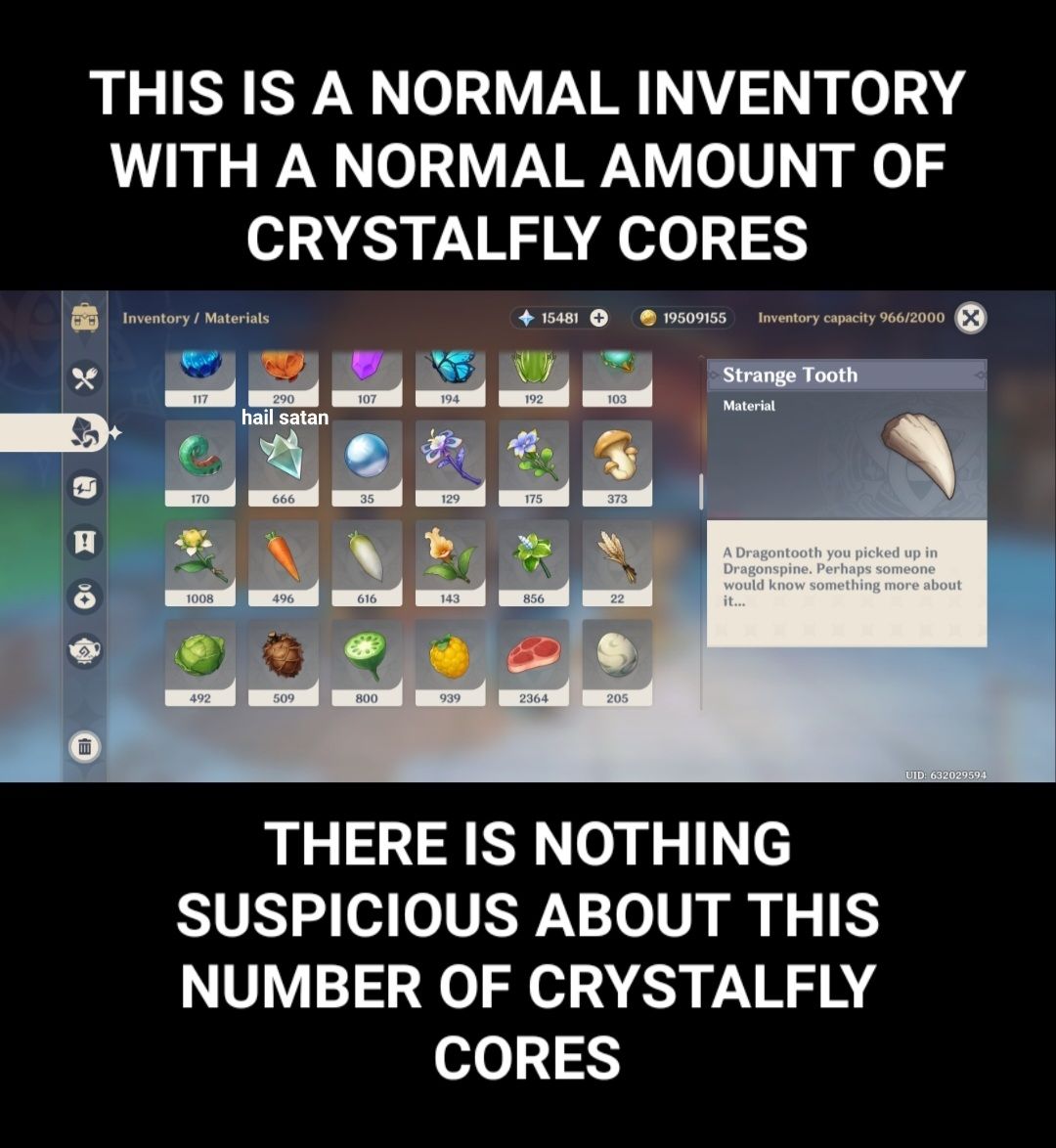 THIS IS A NORMAL INVENTORY WITH A NORMAL NUMBER OF CRYSTALFLY CORES Genshin Impact | HoYoLAB