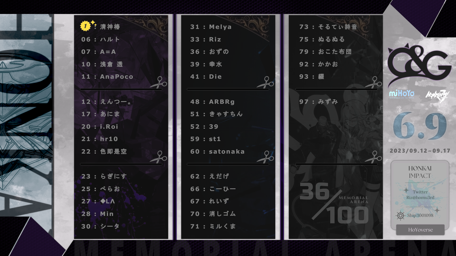 ver6.9 C&G記憶戦場ランキング表 2023/09.12~10.15 Honkai Impact 3rd | HoYoLAB