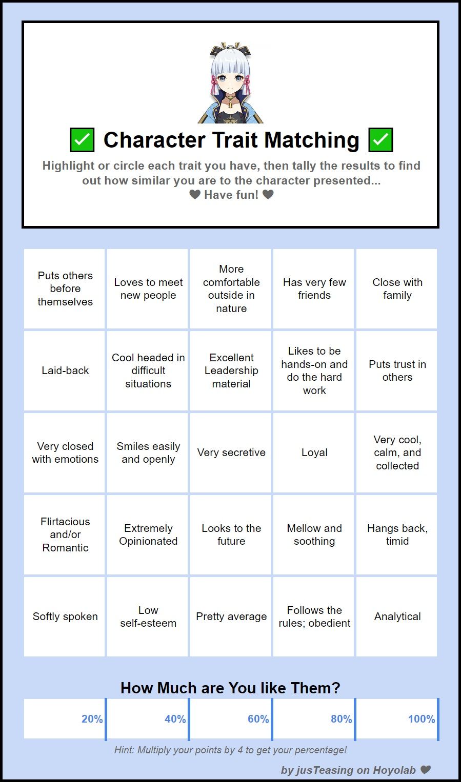 Character Trait Matching ... ( Part2: Ayaka, Ayato, Baizhu, Barbara ...